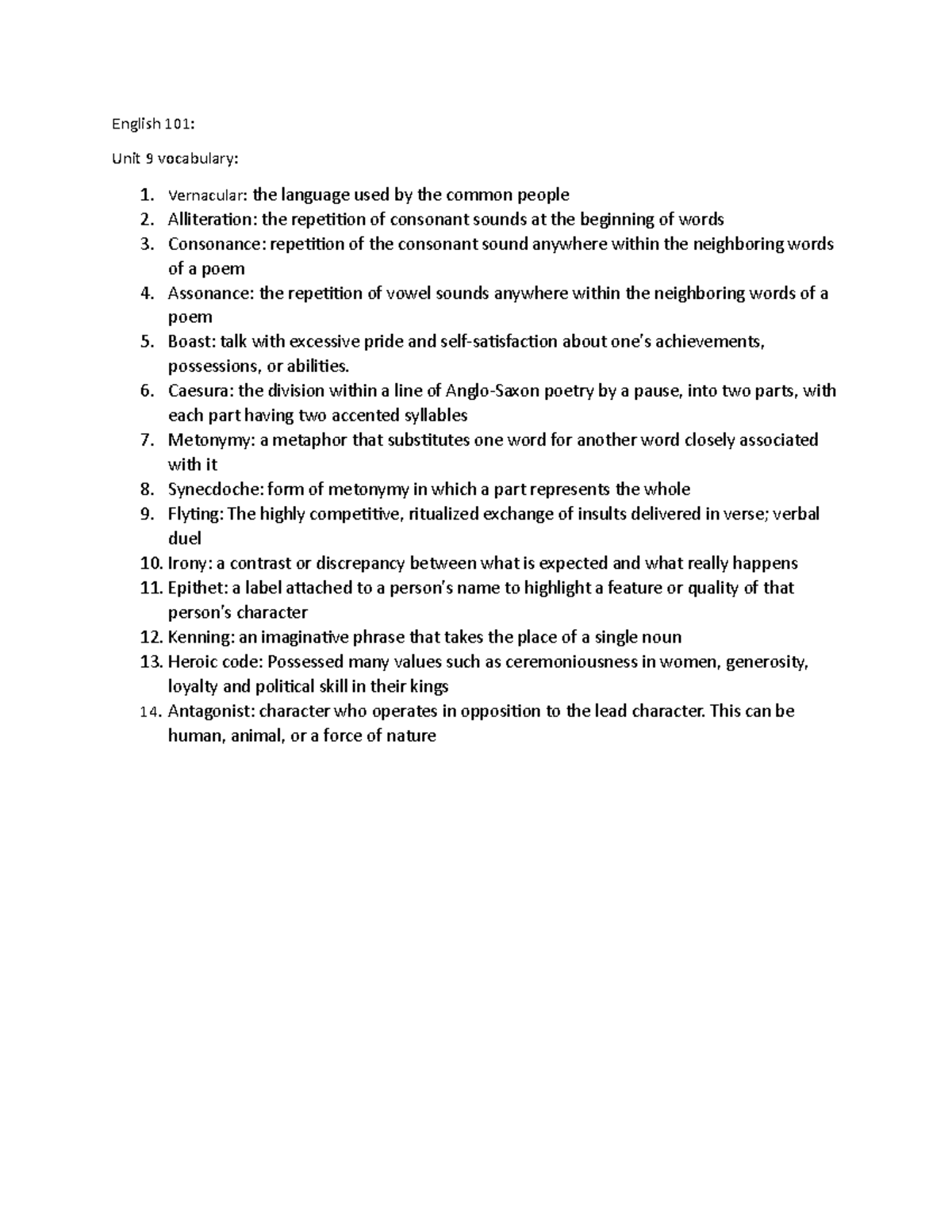 Eng 101 unit 9 vocabulary study guide - English 101: Unit 9 vocabulary ...