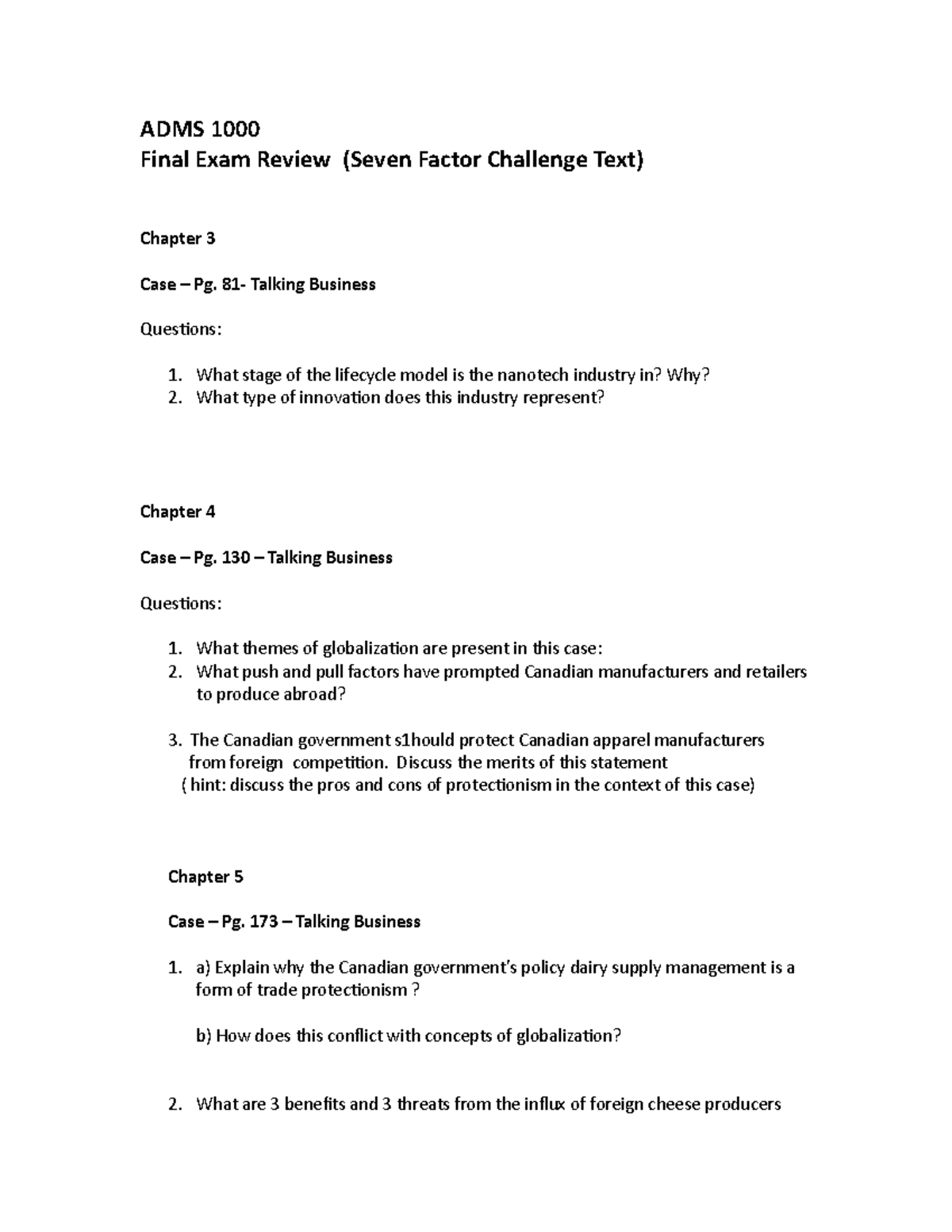 Final Exam December 2019, questions - ADMS 1000 Final Exam Review ...