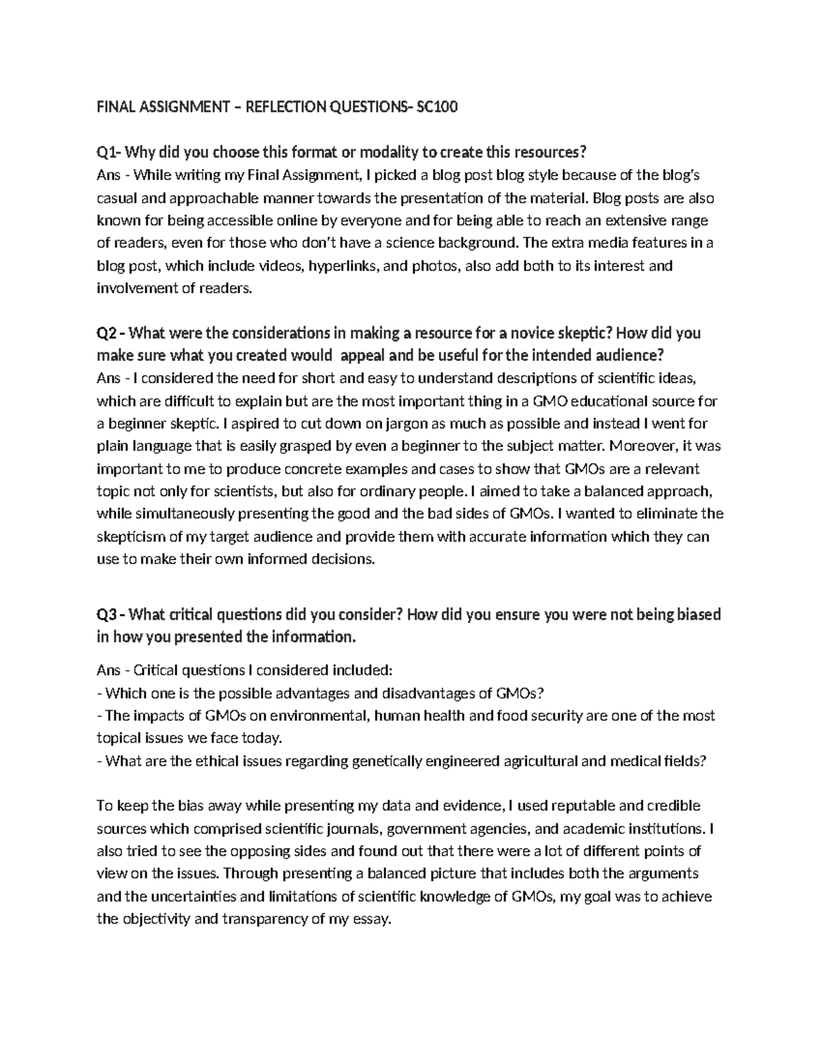 Finalassignment- Reflectionquestions - FINAL ASSIGNMENT – REFLECTION ...