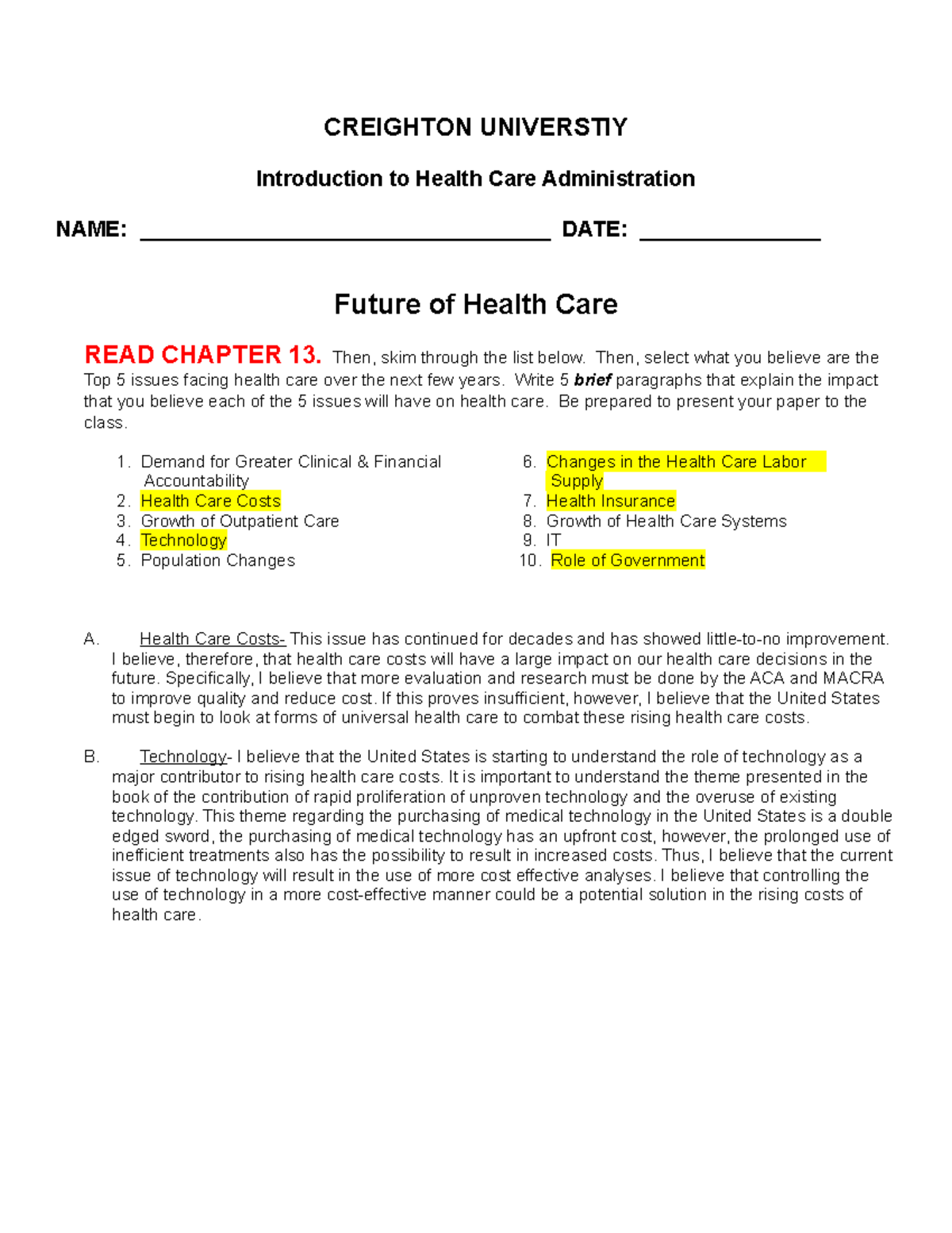 Case Study - The Future of Health Care - CREIGHTON UNIVERSTIY ...