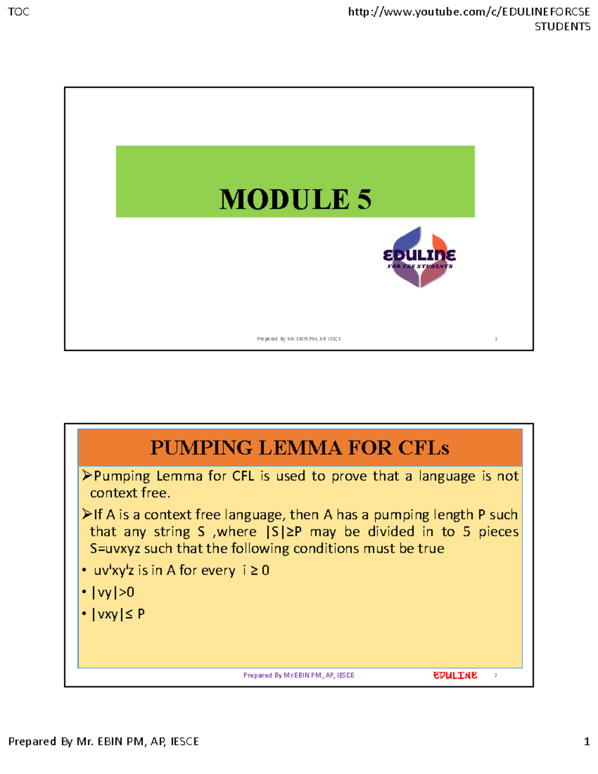 Mod5555 - Theory Of Computation - STUDENTS MODULE 5 Prepared By Mr. EBIN PM, AP, IESCE 1 EDULINE ...
