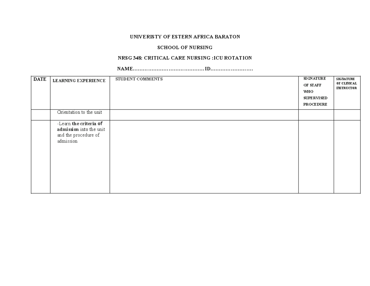 Final ICU Objectives - good - UNIVERISTY OF ESTERN AFRICA BARATON ...