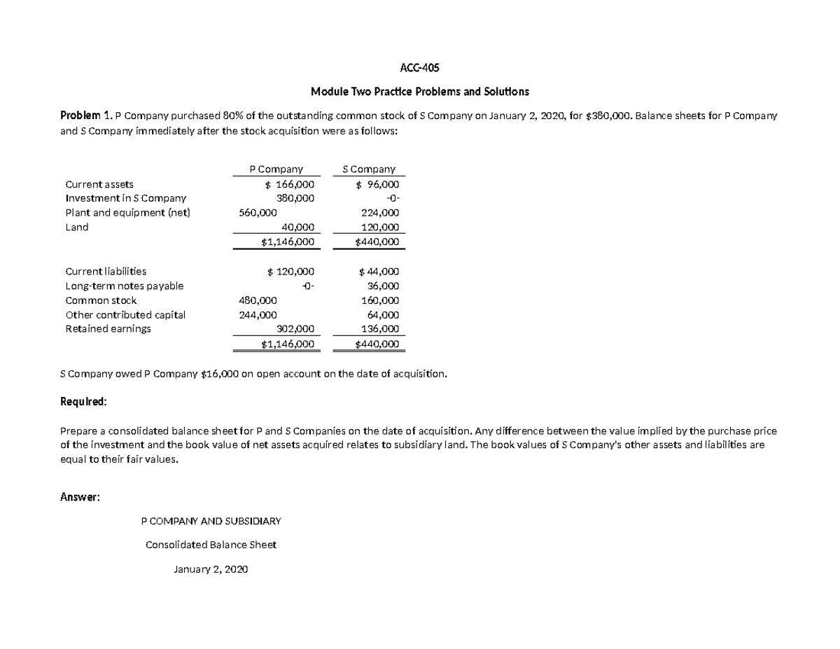 Module Two Practice Problems and Solutions - ACC- Module Two Practice Problems and Solutions ...
