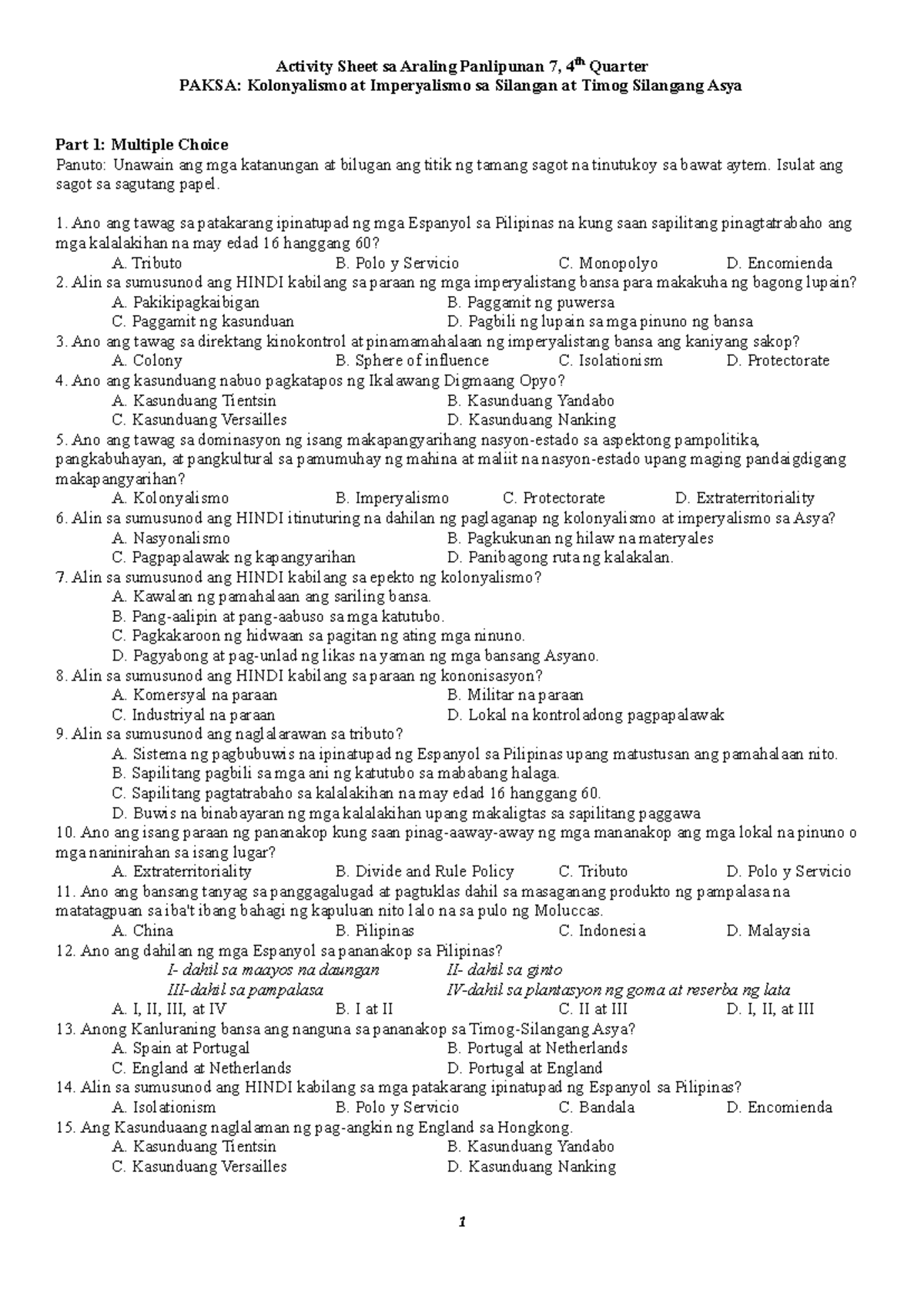 AP7 Q4 1 Sample Worksheet sa Kolonyalismo at Imperyalismo sa Asya with Answer Key - 1 Activity ...