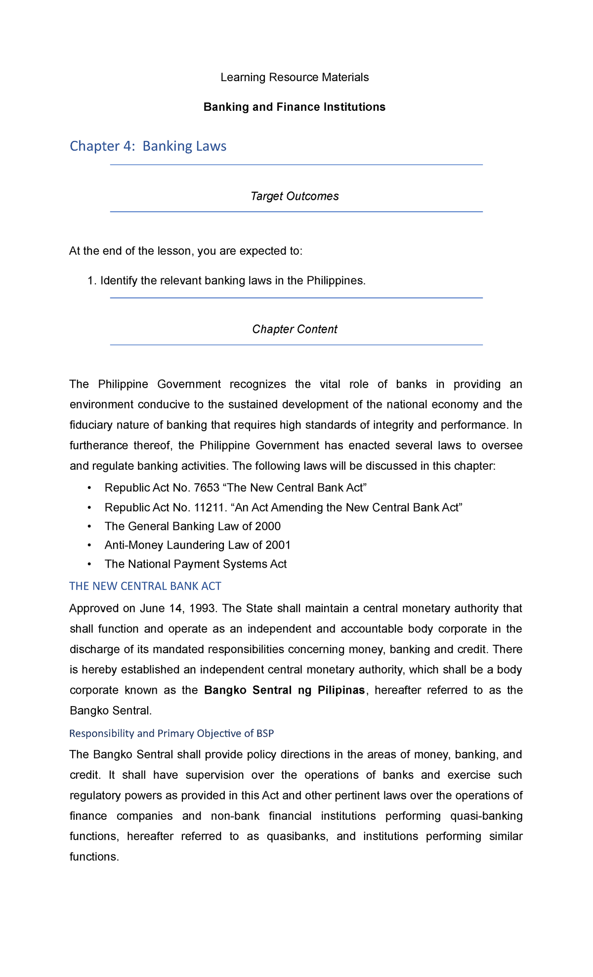 Banking and Financial Institution Lecture Notes - Learning Resource ...