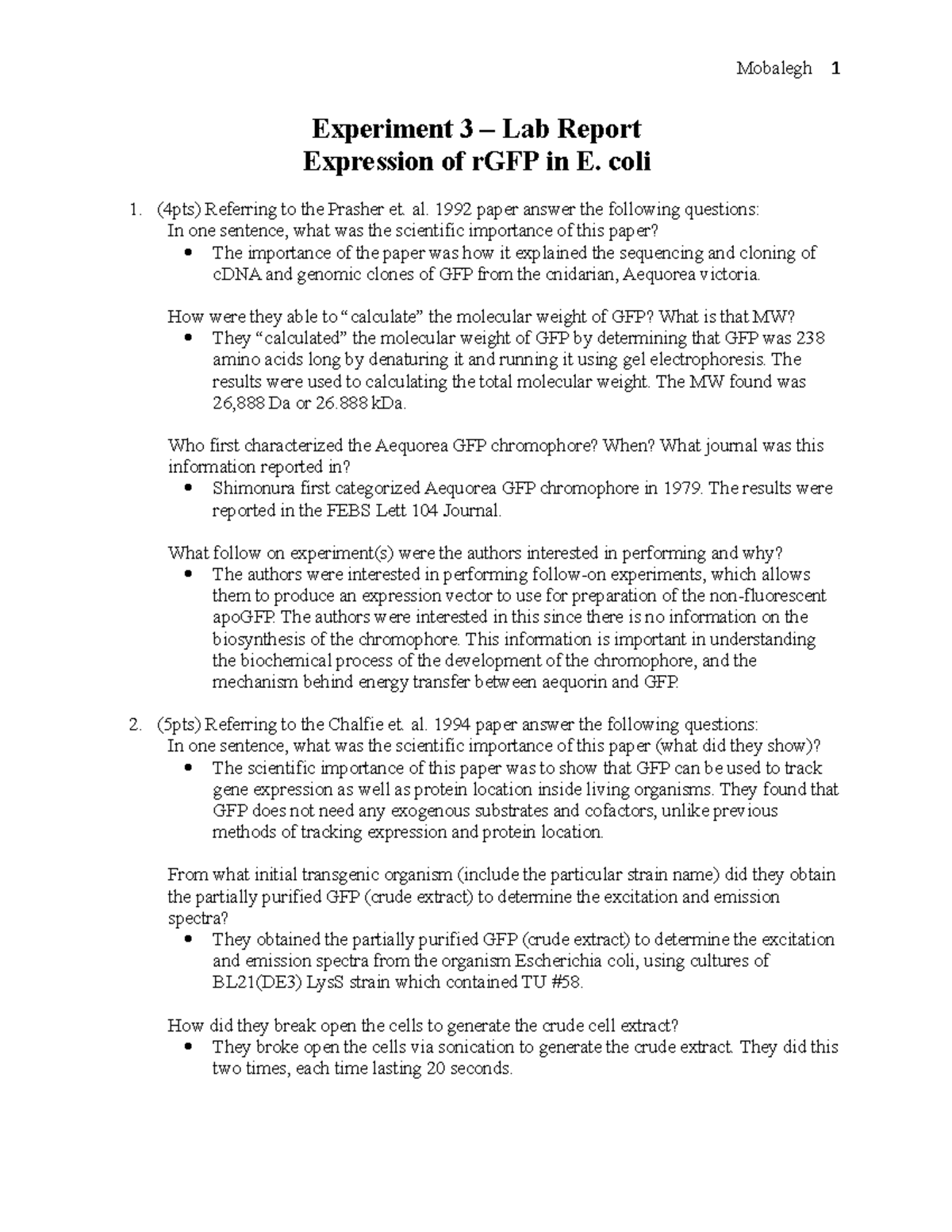 Docx - asdfgg - Experiment 3 – Lab Report Expression of rGFP in E. coli (4pts) Referring to the ...