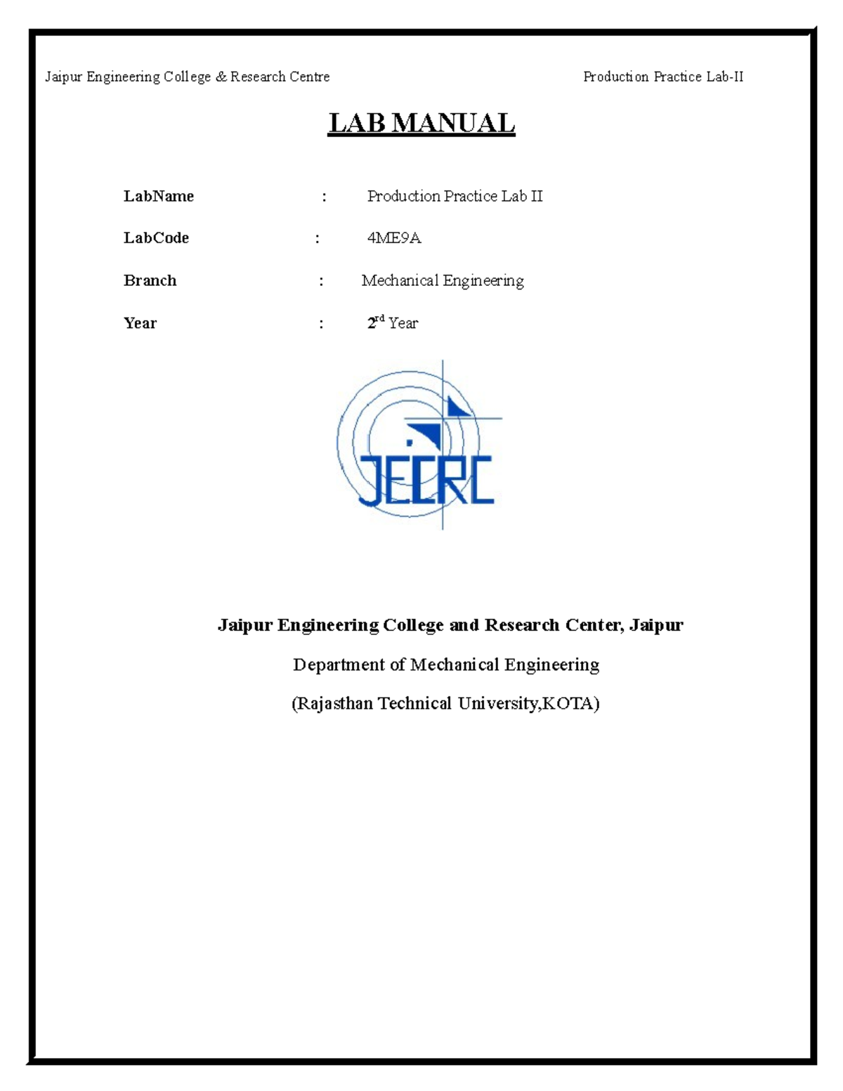 4ME4-23 PP-I LAB- Manual - LAB MANUAL LabName : Production Practice Lab ...