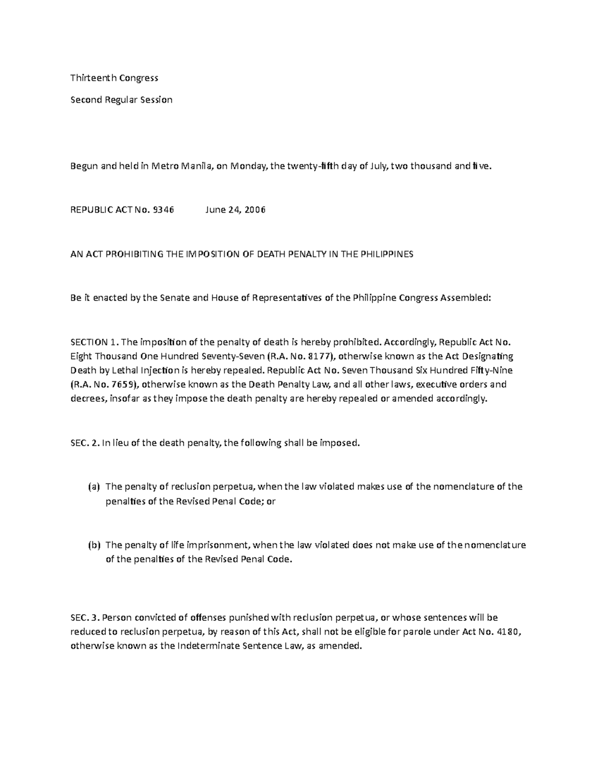 RA 9346 - RA 9346 - Thirteenth CongressSecond Regular Session Begun and ...
