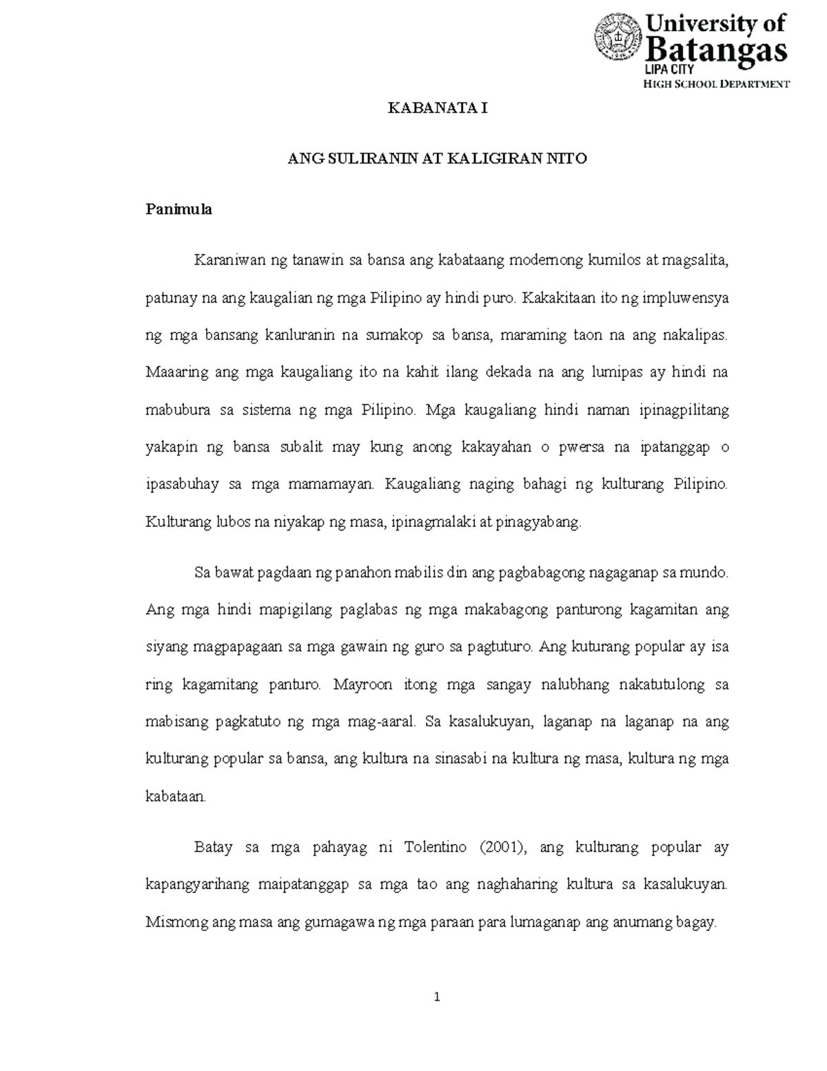 Sample Thesis In FIlipino For Pananaliksik - KABANATA I ANG SULIRANIN ...