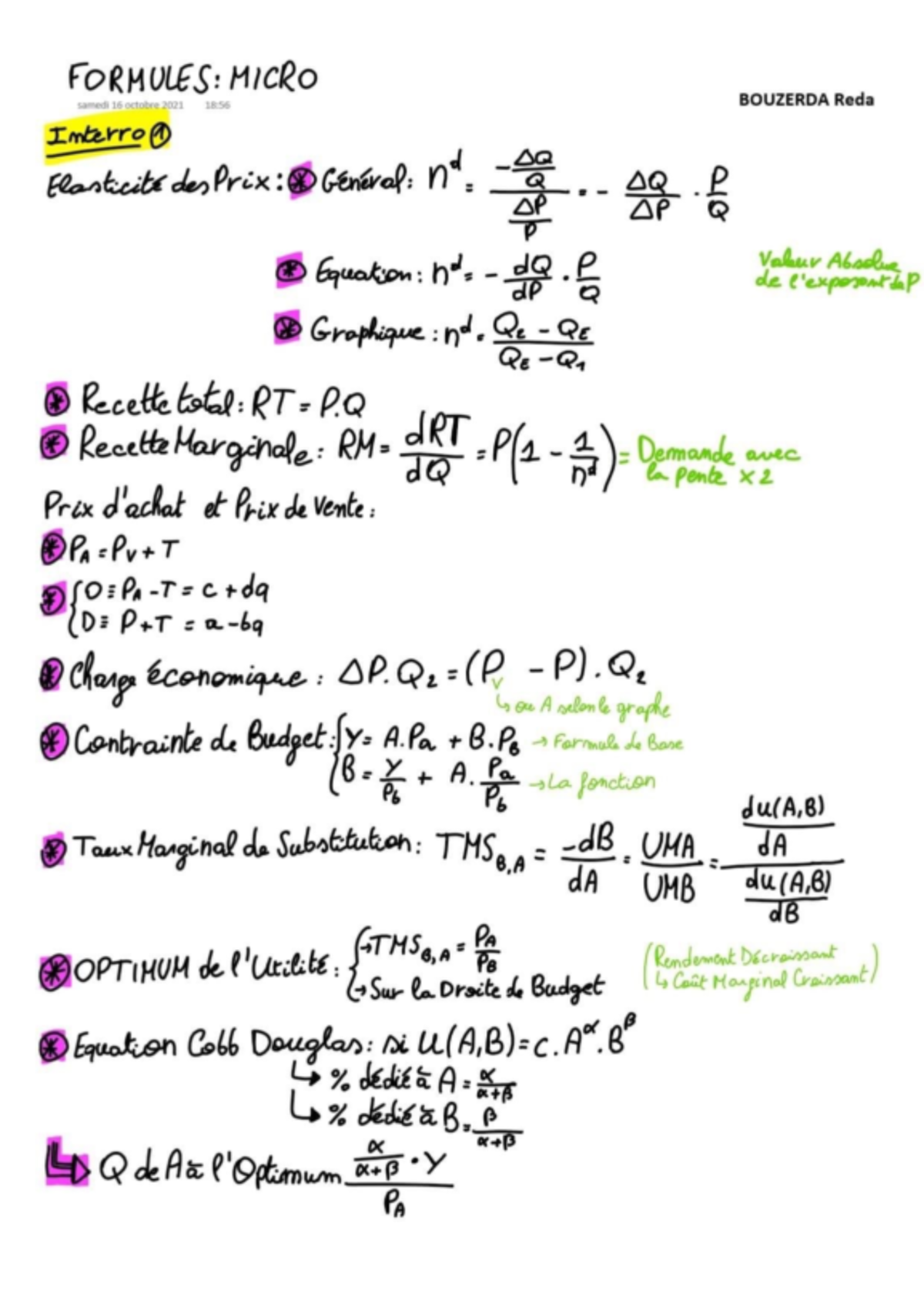 Formulaire microéco Q1 - Introduction à la microéconomie - Studocu