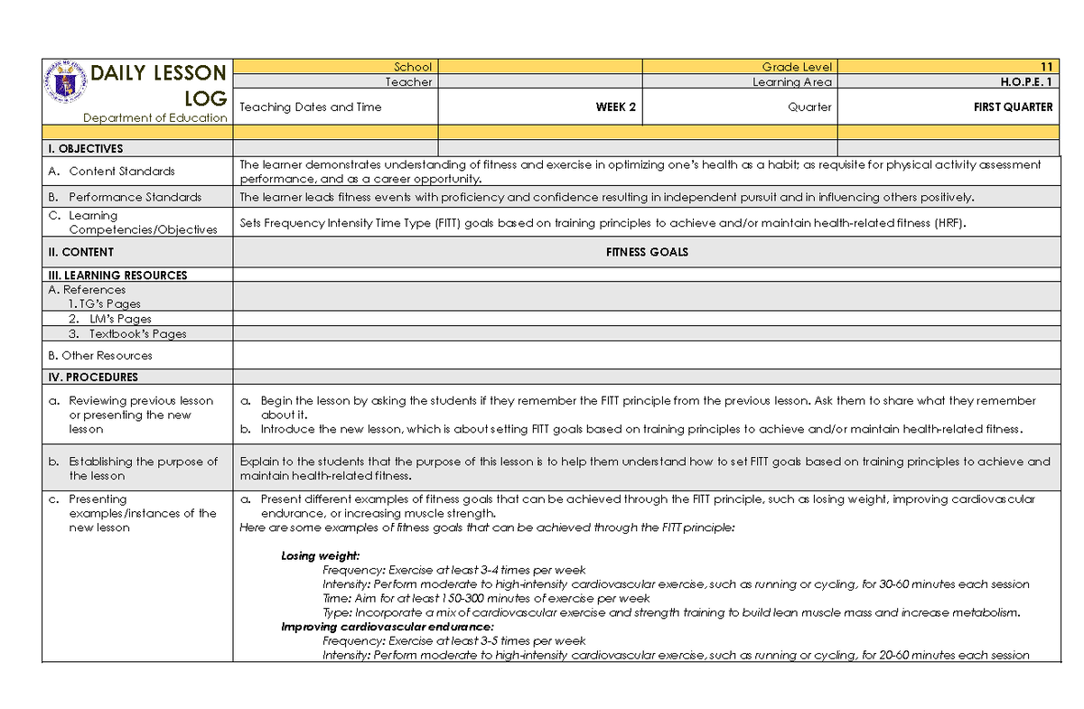 WEEK 2 - Guide for how to create Daily lesson Log - DAILY LESSON LOG ...