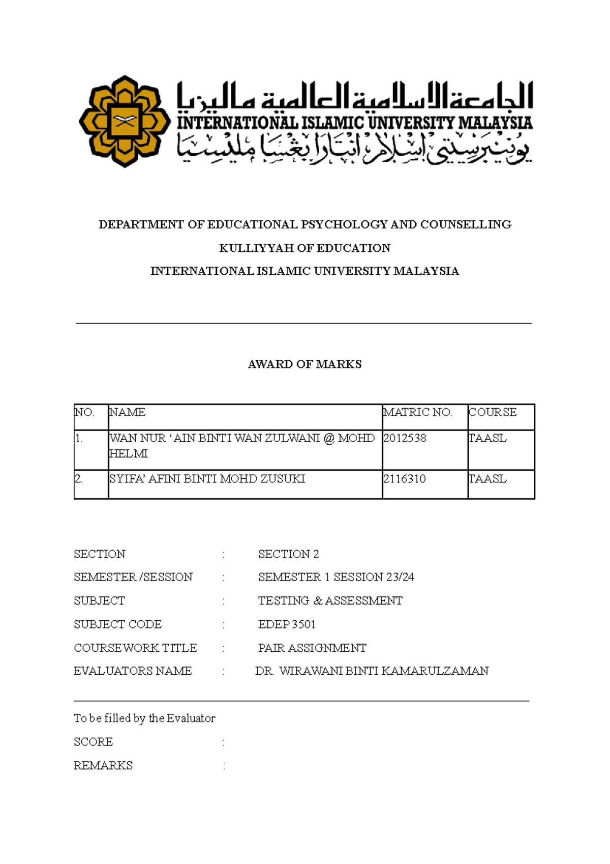 PAIR WORK - CRITICAL ASSIGNMENT - DEPARTMENT OF EDUCATIONAL PSYCHOLOGY ...
