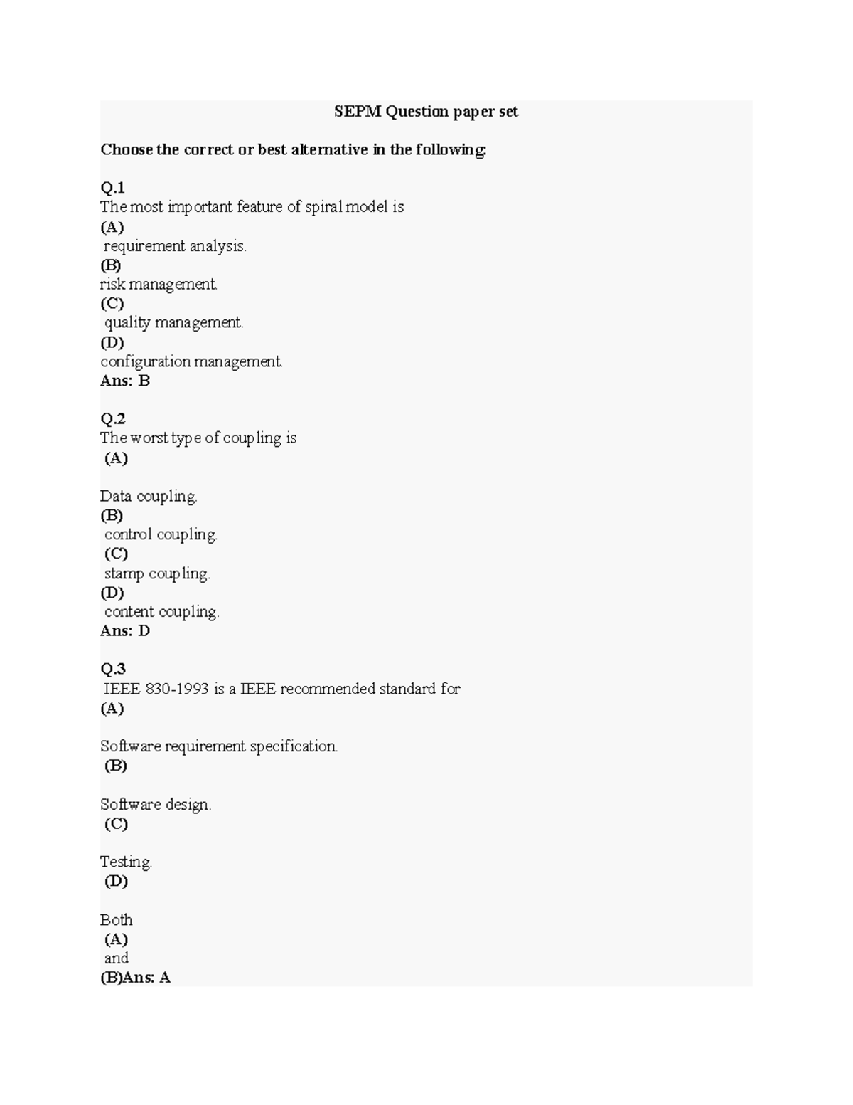 SEPM Question paper set - SEPM Question paper set Choose the correct or ...