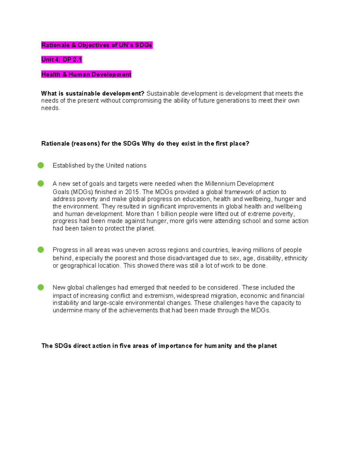 Health AND Human UNIT 4 AOS 2 Notes - Rationale & Objectives of UN’s ...