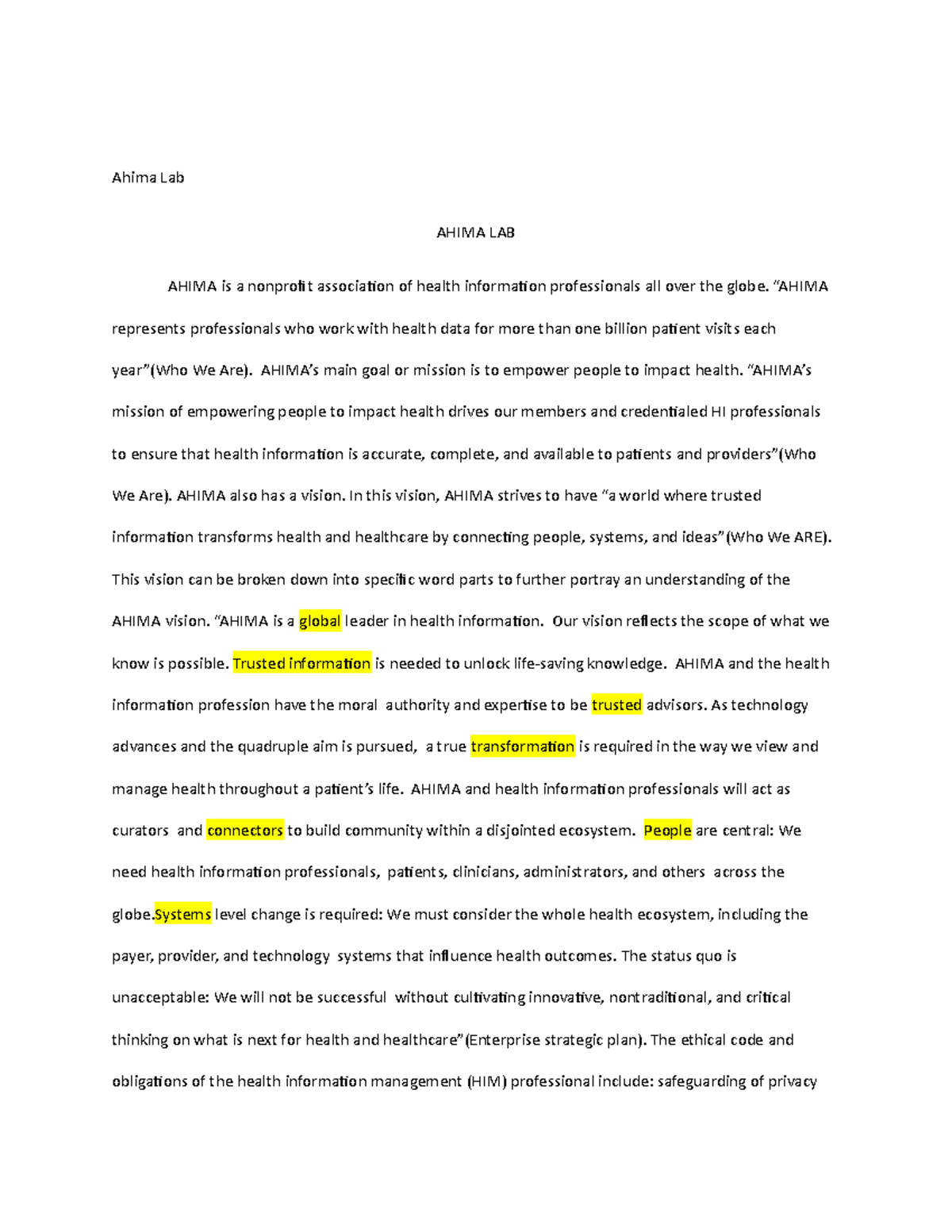 Ahima LAB - essay - Ahima Lab AHIMA LAB AHIMA is a nonprofit ...