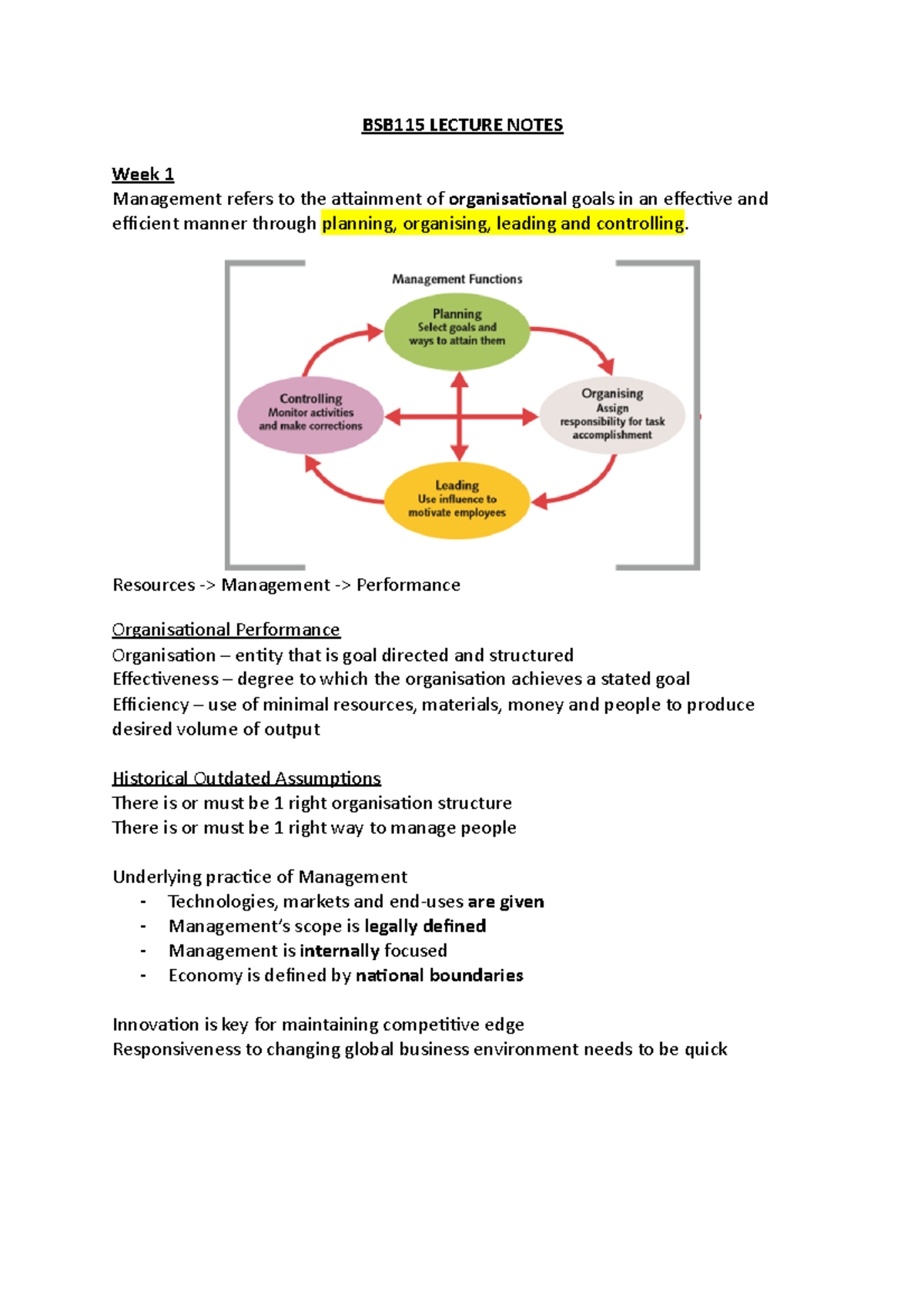 BSB115 Lecture Notes - BSB115 LECTURE NOTES Week 1 Management refers to ...
