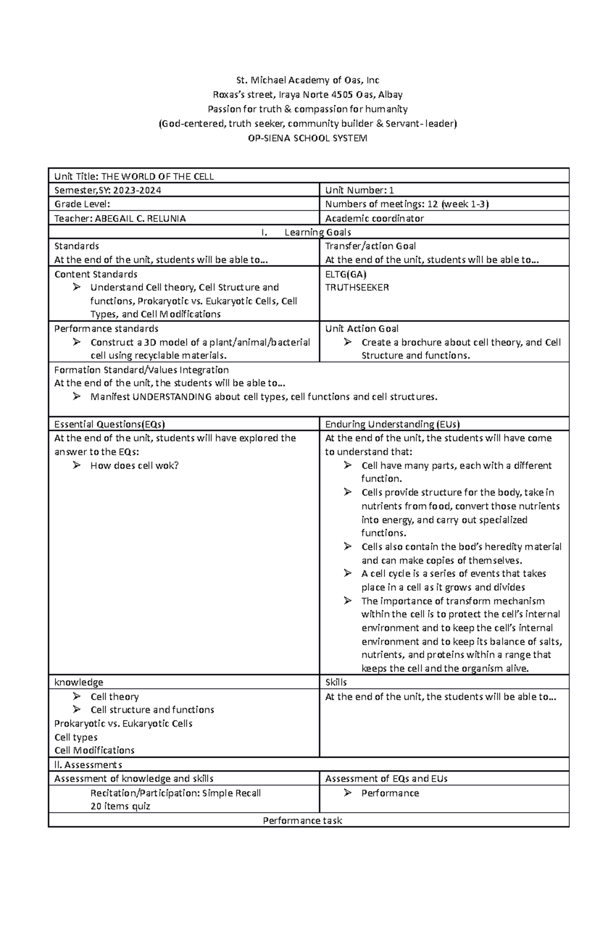 GEN BIO 1 Weekly Learning PLAN - St. Michael Academy of Oas, Inc Roxas ...