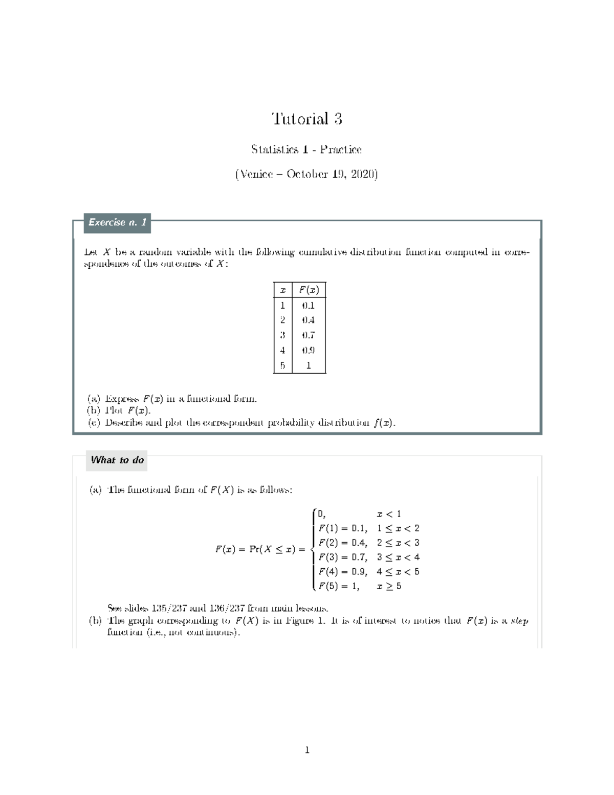 Tutorial 3 - Summary of the solutions of the exercises seen in class - Tutorial 3 Statistics 1 ...