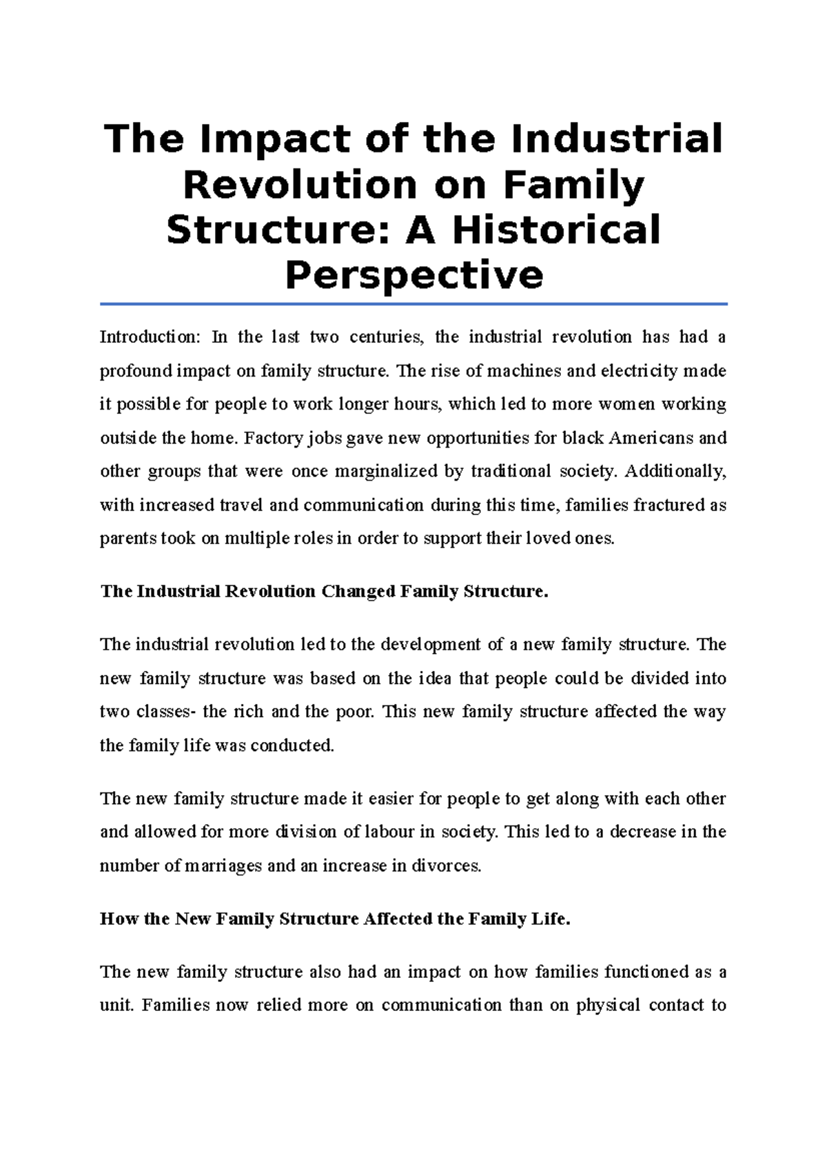 The Impact of the Industrial Revolution on Family Structure, A ...