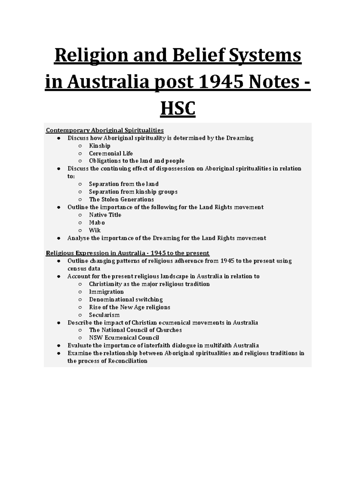 Sor notes hsc religion and belief systems in australia post 1945 ...