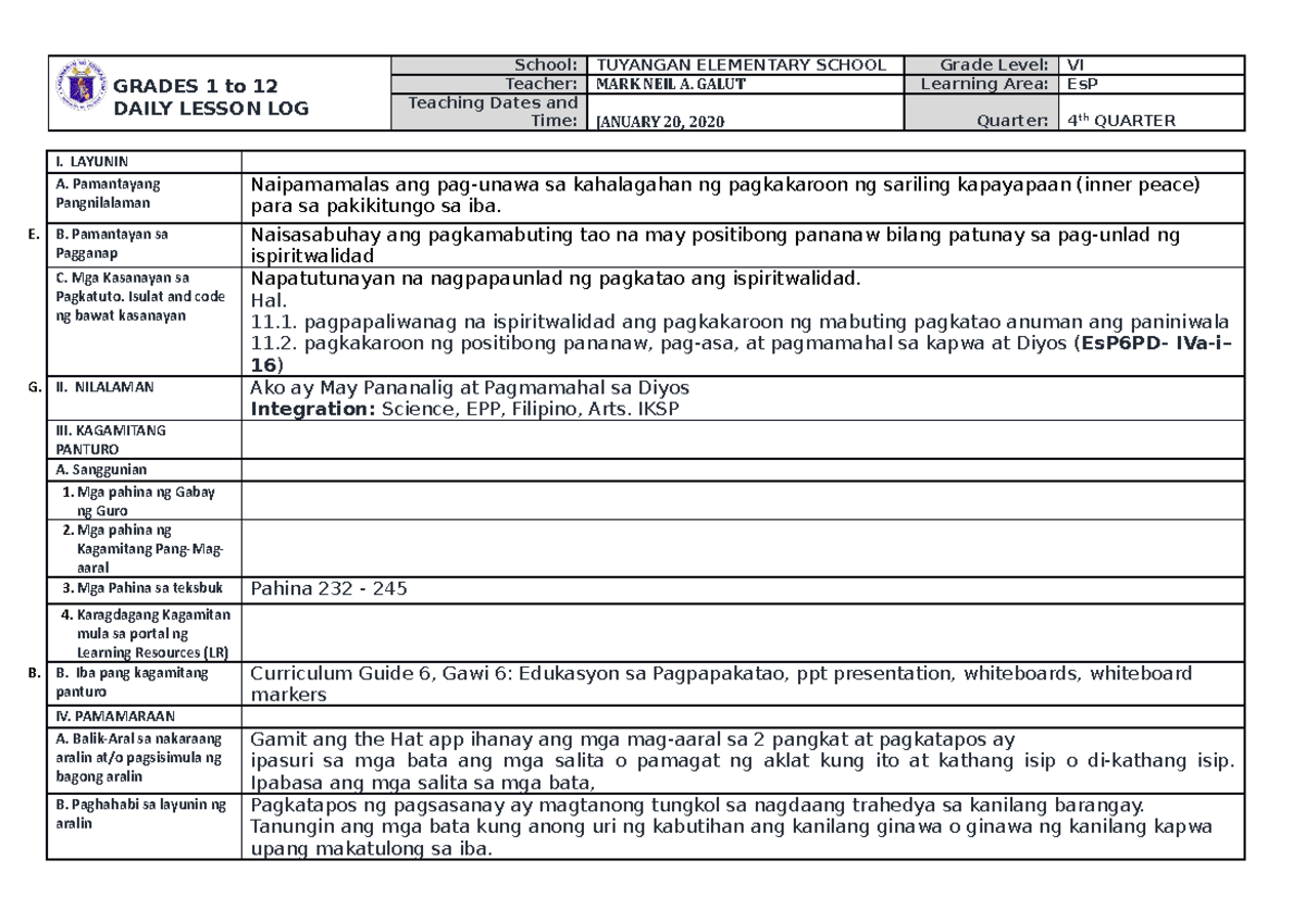 Filipino 6 cot 1 - lesson plan - GRADES 1 to 12 DAILY LESSON LOG School ...