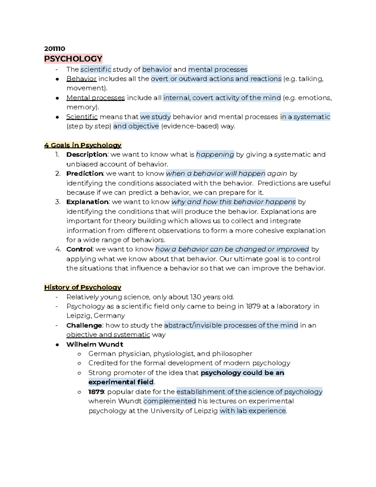 PSYC 20 - General Psychology Notes - 201110 PSYCHOLOGY The scientific ...
