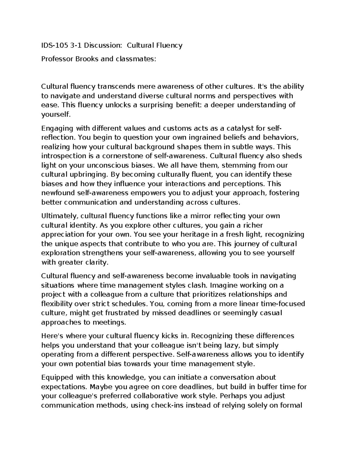 Module 3-1 Discussion - IDS-105 3-1 Discussion: Cultural Fluency ...