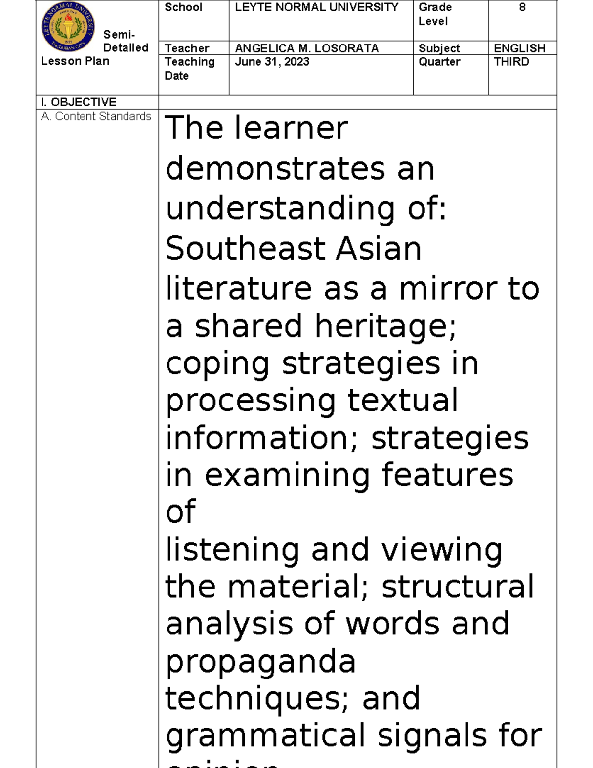 Lesson PLAN FOR Social Literacy - Semi- Detailed Lesson Plan School ...