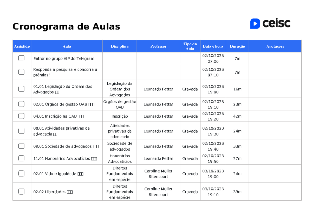 Cronograma-1696185460 - Cronograma de Aulas Assistido Aula Disciplina Professor Tipo daAula Data ...