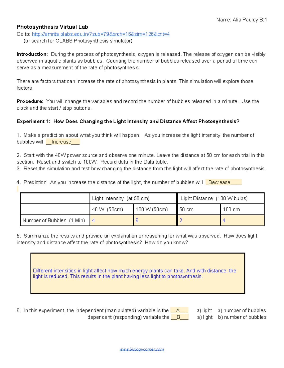Photosynthesis Lab - Name: Alia Pauley B: Photosynthesis Virtual Lab Go ...