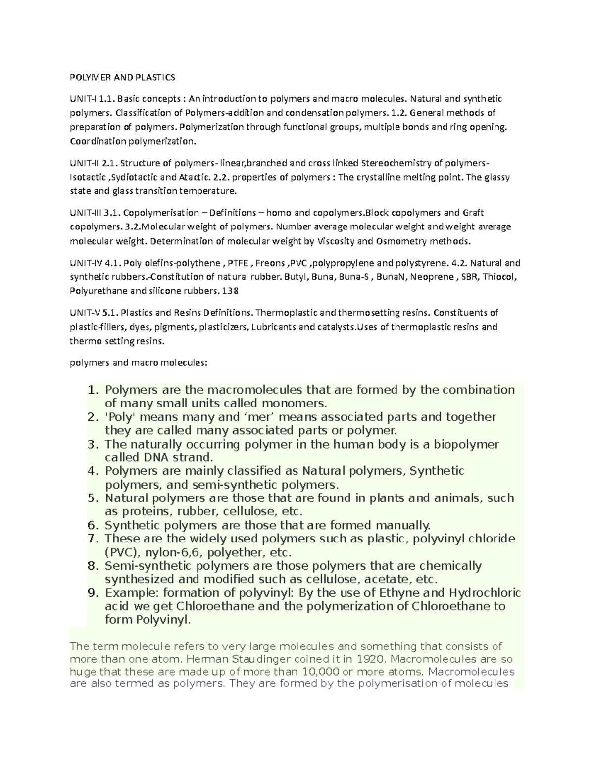 Polymer AND Plastics - POLYMER AND PLASTICS UNIT-I 1. Basic concepts : An introduction to ...