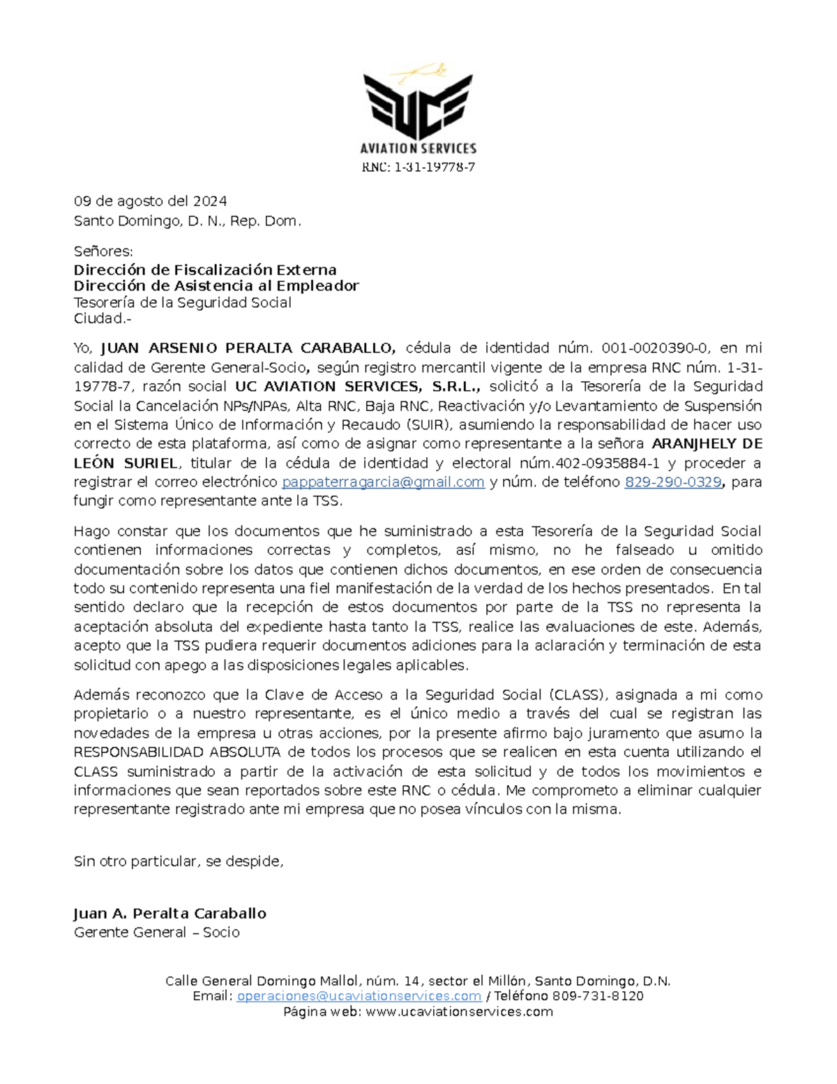 18 Julio 2024 Carta de responsabilidad de la TSS UC Aviation Services S ...