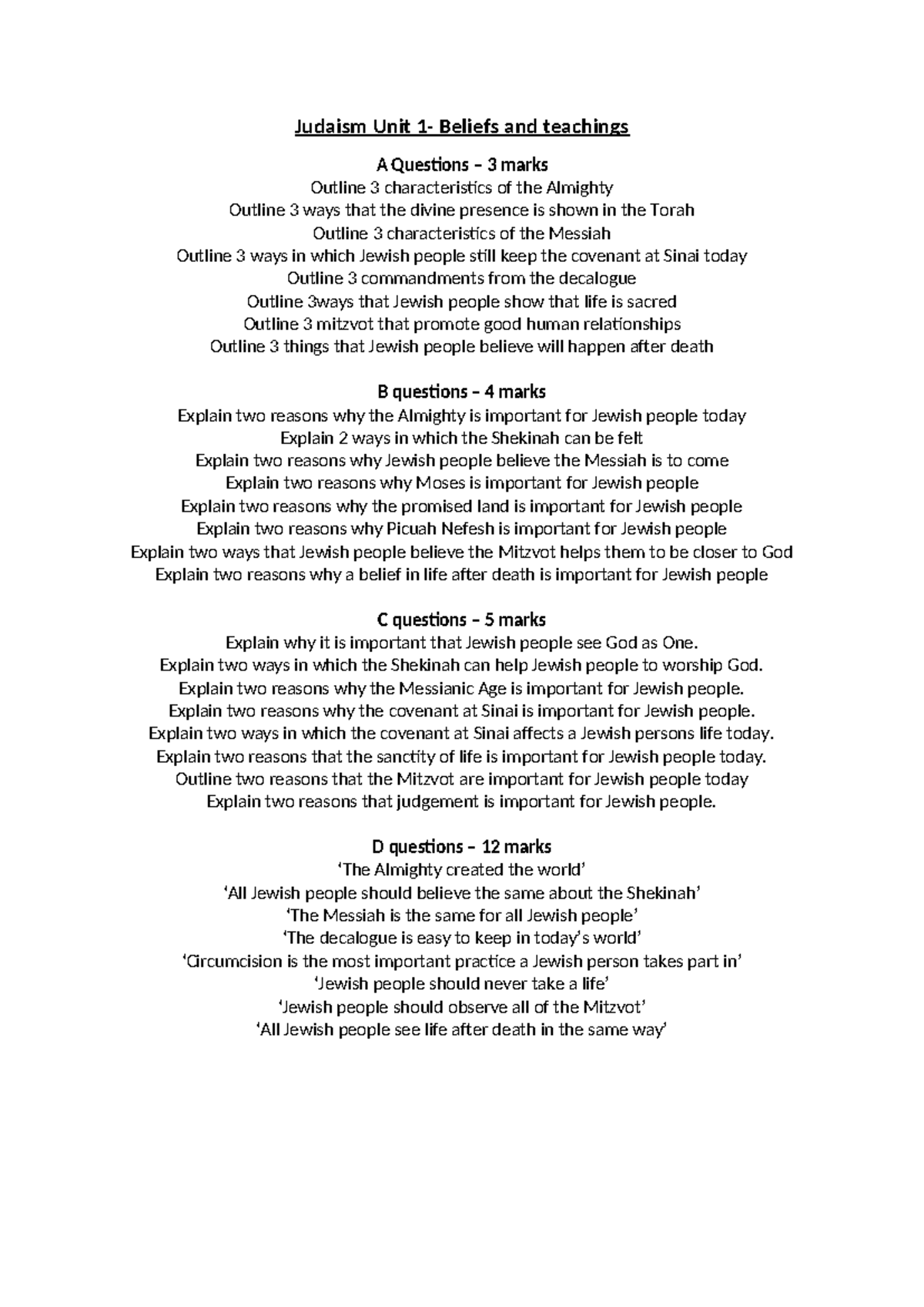 Practice questions Judaism section 1 Beliefs and teachings - Judaism ...