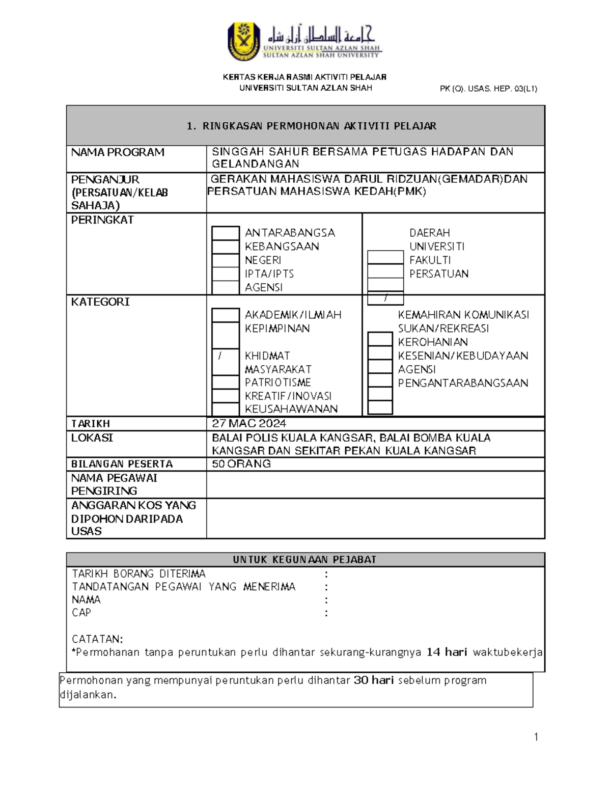 Paperwork Singgah Sahur - UNIVERSITI SULTAN AZLAN SHAH PK (O). USAS ...