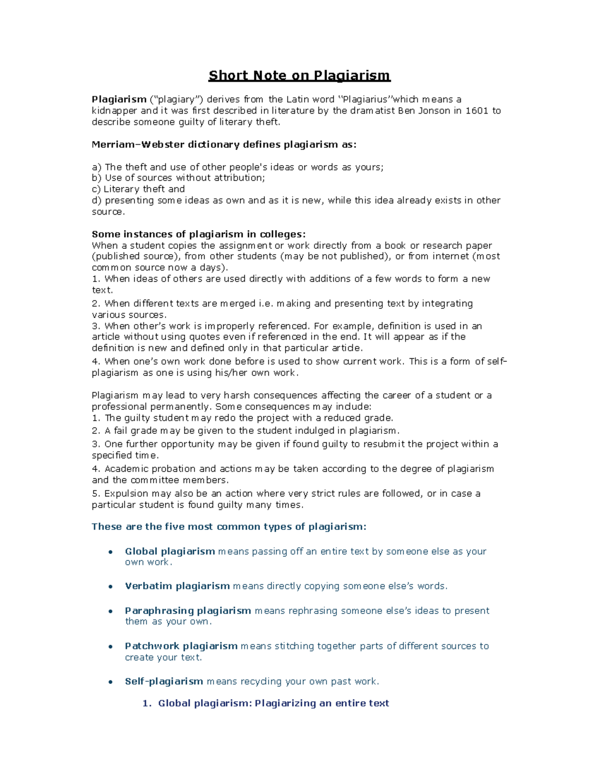 Short Note on Plagiarism - Short Note on Plagiarism Plagiarism ...