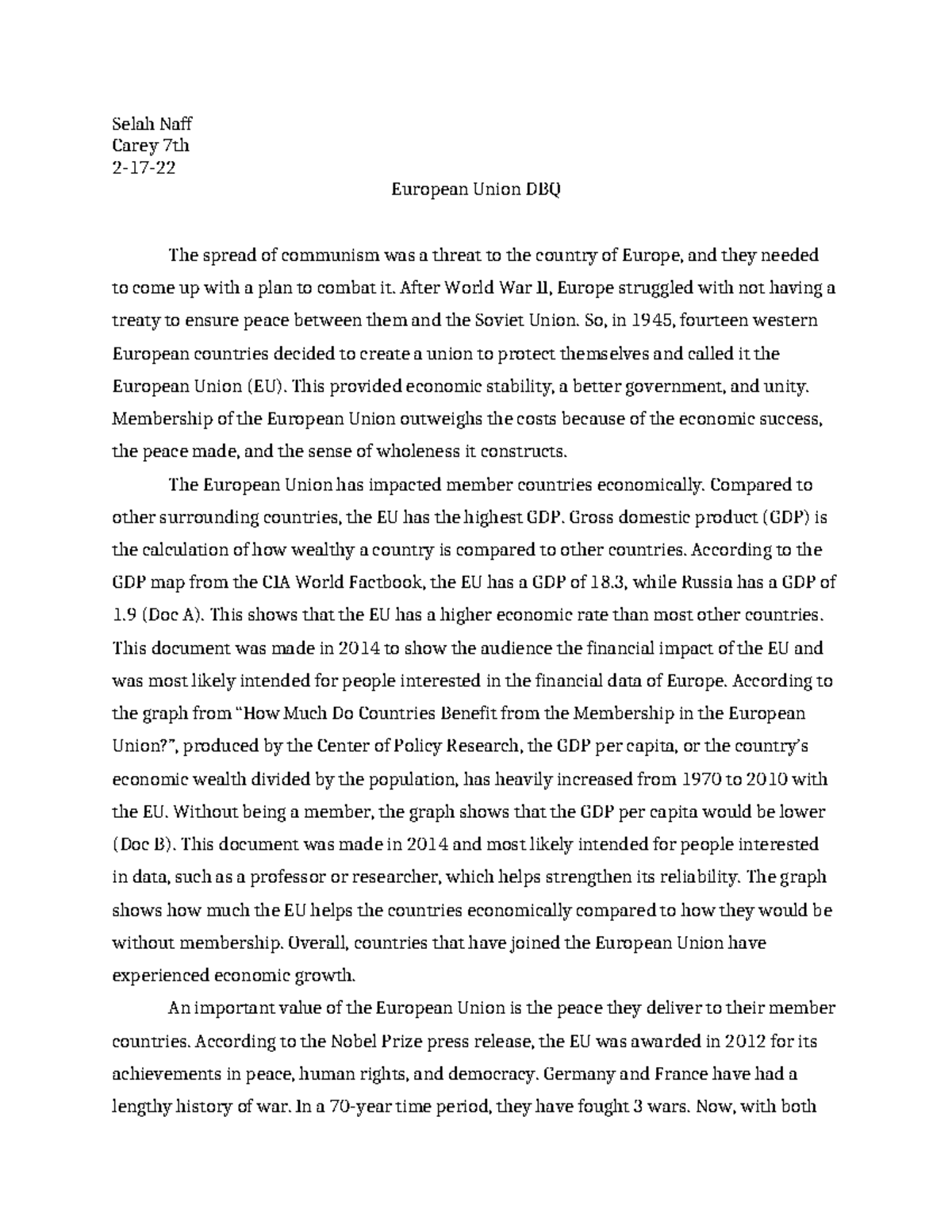 EU DBQ Essay - b/a - Selah Naff Carey 7th 2-17- European Union DBQ The ...