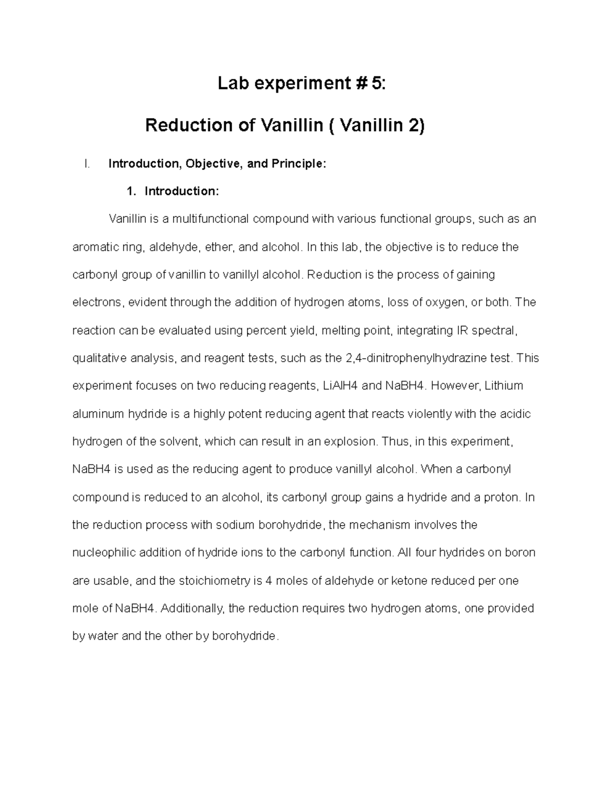 Reduction of vanillin - lab report - Lab experiment # 5: Reduction of Vanillin ( Vanillin 2) I ...