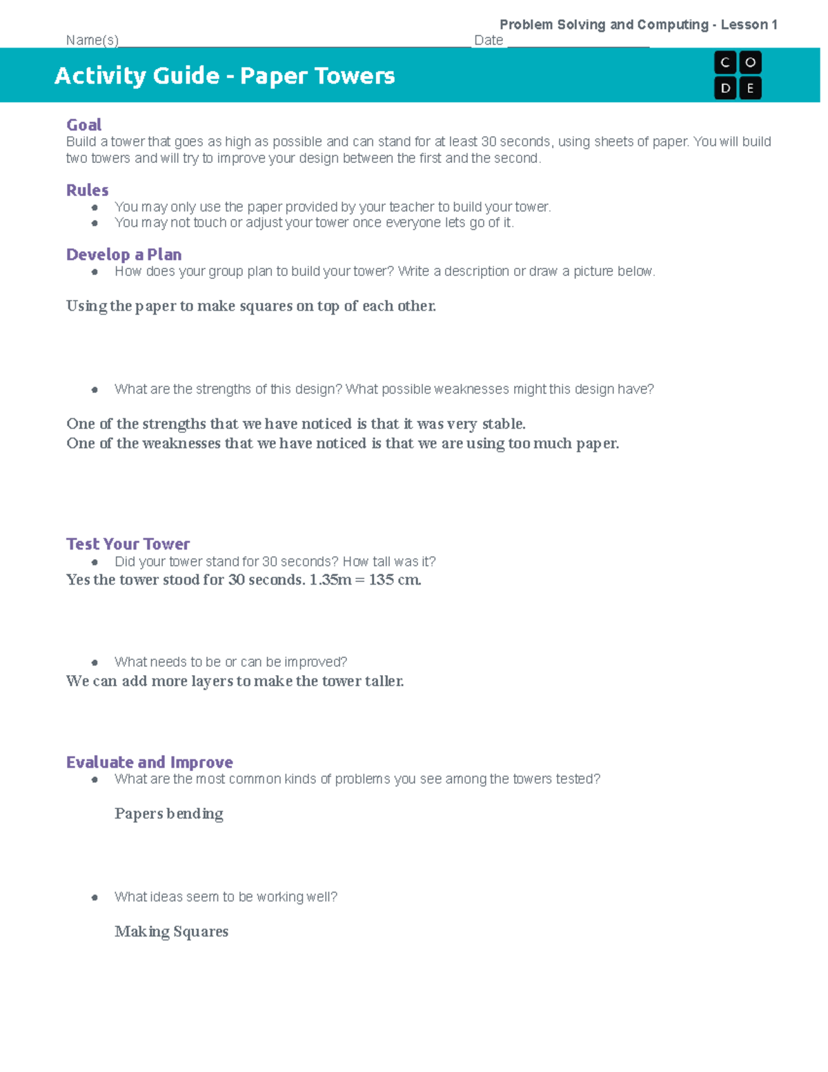 Nabeel Aboghander - G9-T1-L1 - Intro to Problem Solving - Paper Tower ...