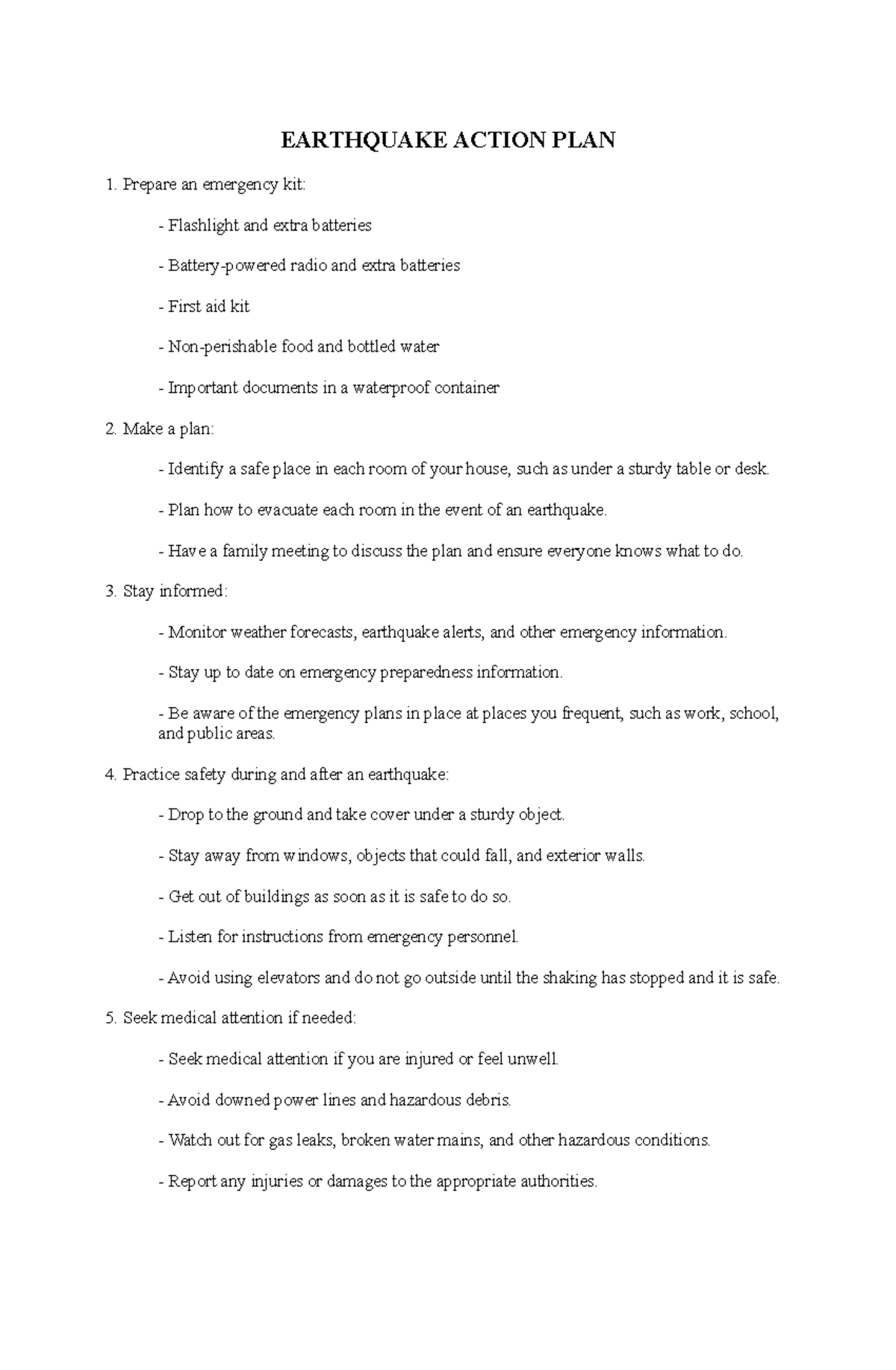 Earthquake Action Plan - EARTHQUAKE ACTION PLAN 1. Prepare an emergency ...