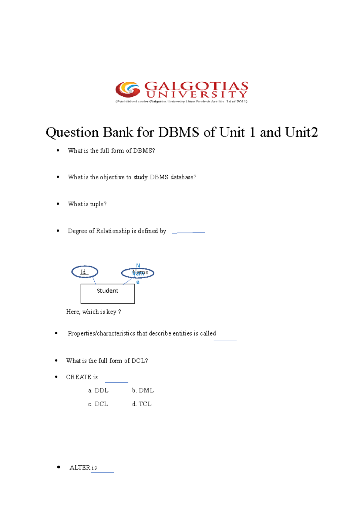 Question Bank unit1 andunit 2 - Question Bank for DBMS of Unit 1 and Unit What is the full form ...