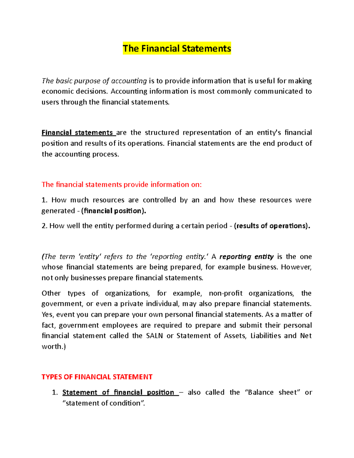 The Financial Statement - Accounting information is most commonly ...