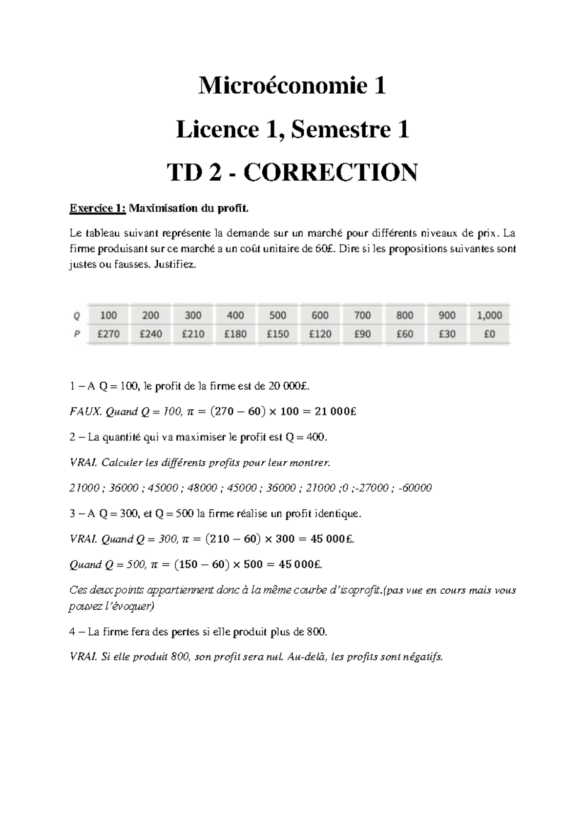 TD2 - Correction - Exo 1,2 et 3 - Microéconomie 1 Licence 1, Semestre 1 TD 2 - CORRECTION ...