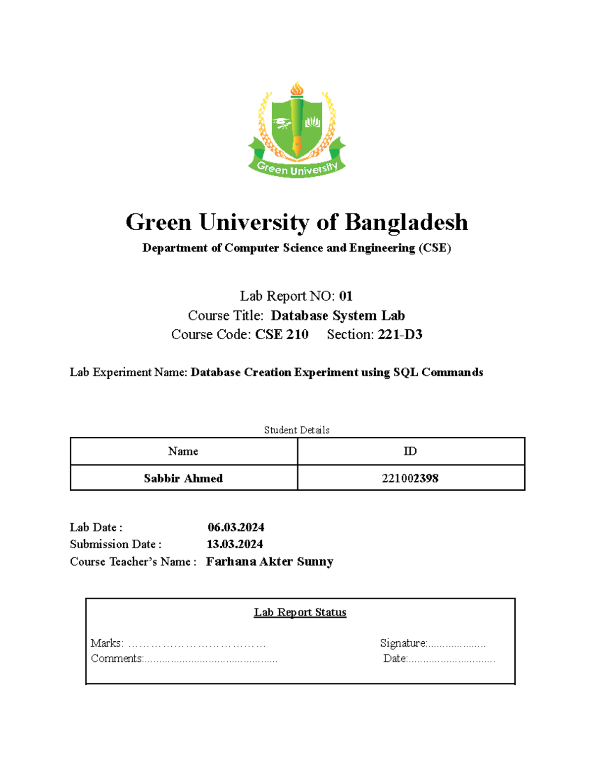 221002398 DBS LR 01 - Summary Database System - Green University of ...