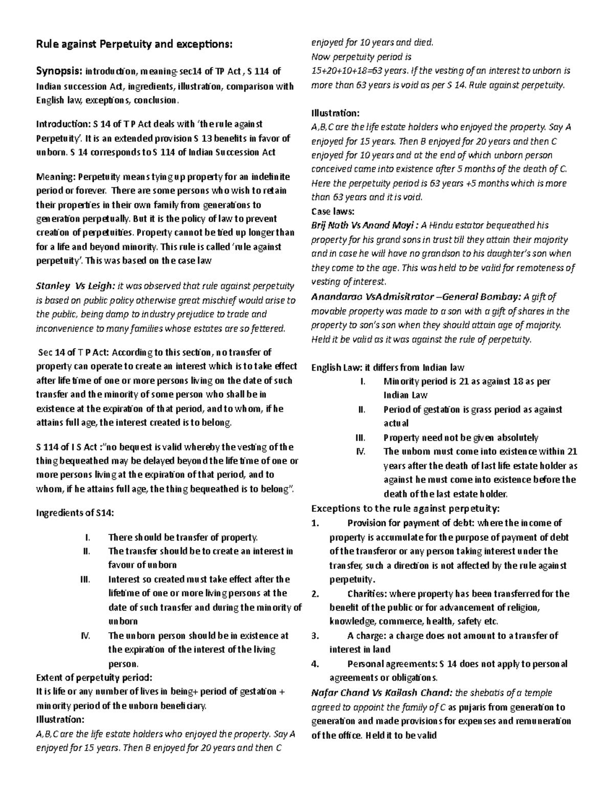 S 14 Perpetuity - Rule against Perpetuity and excepions: Synopsis ...