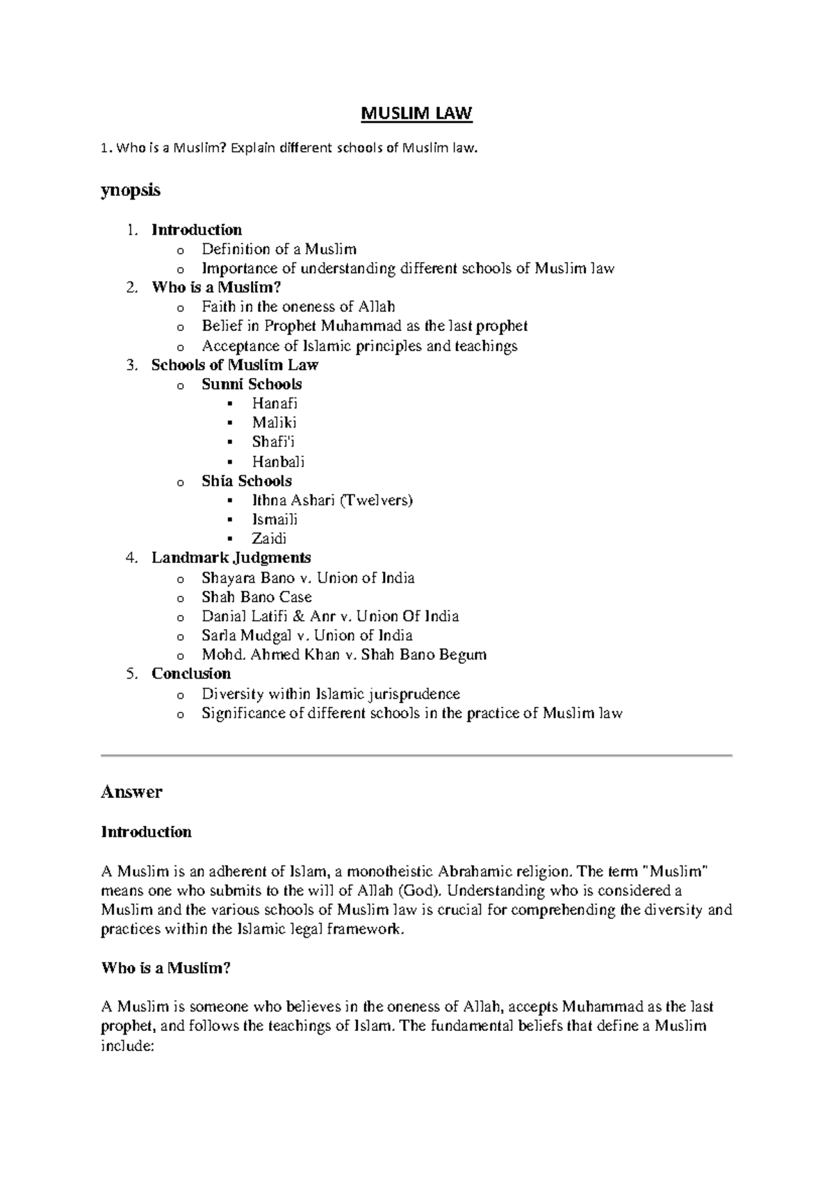 Muslim LAW - Notes - Q&A - Q & A - MUSLIM LAW Who is a Muslim? Explain ...