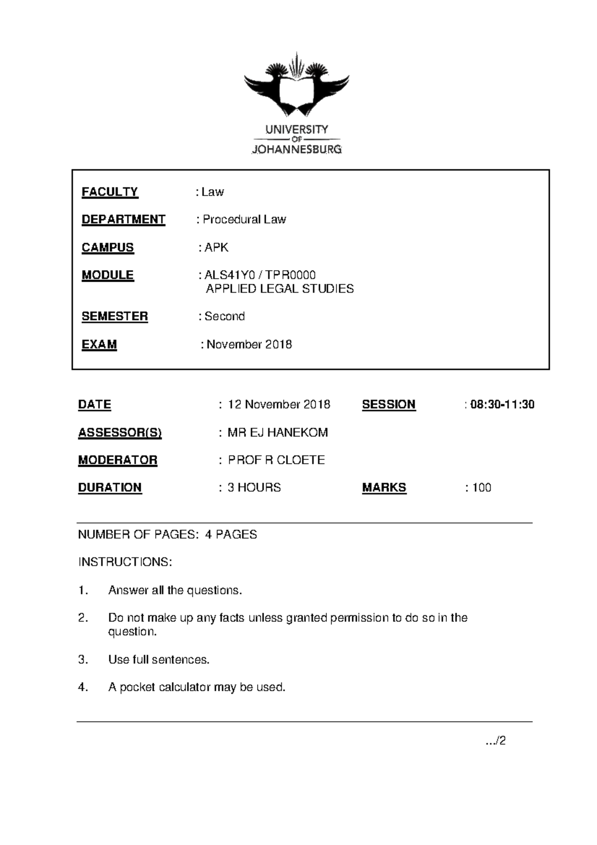 2018-11-12.November Exam - FACULTY : Law DEPARTMENT : Procedural Law ...