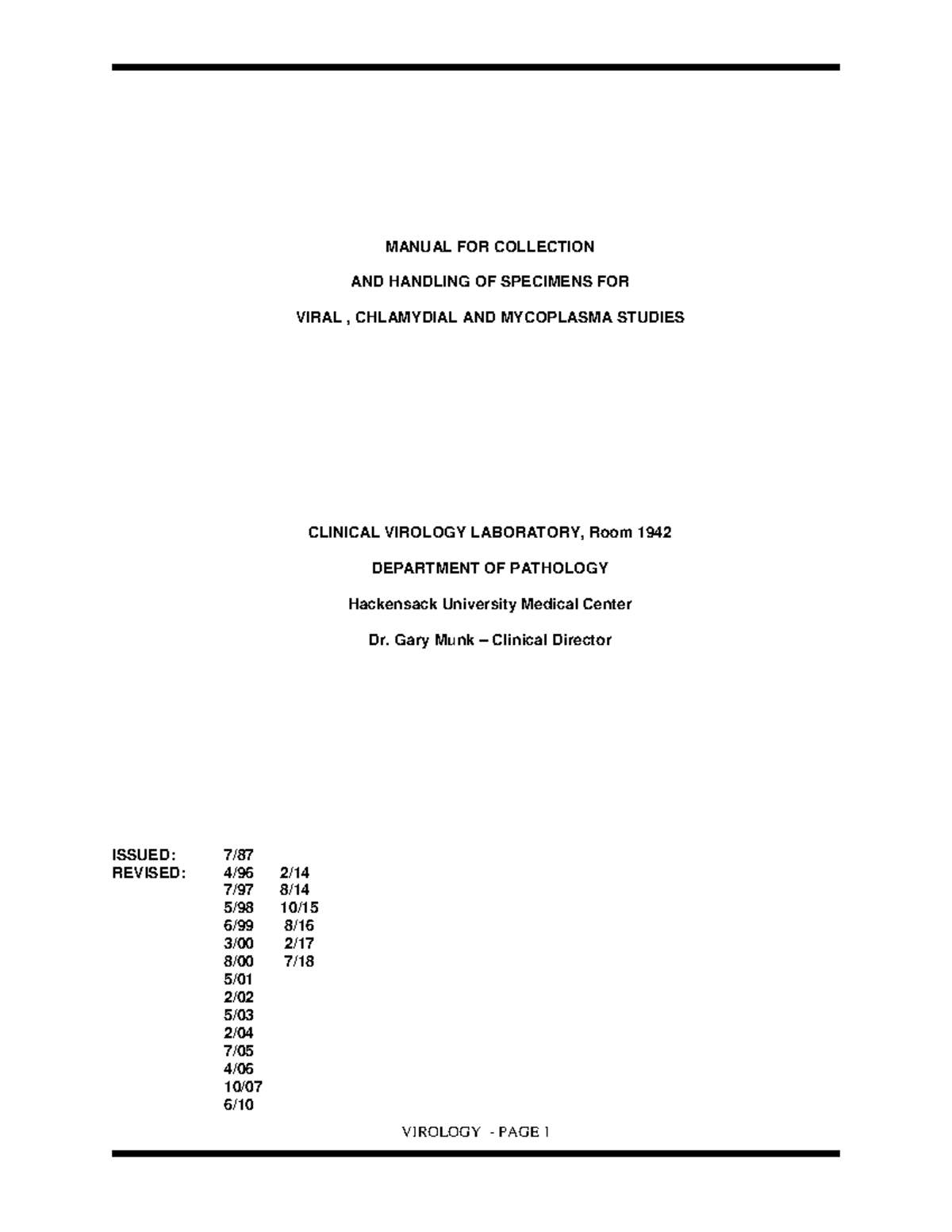 Virology Manual - MANUAL FOR COLLECTION AND HANDLING OF SPECIMENS FOR ...