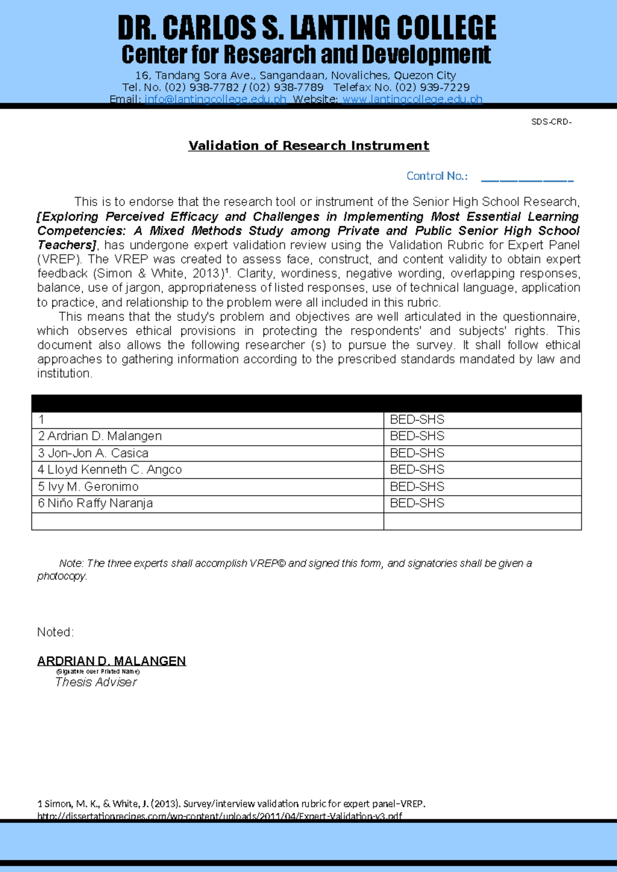 Validation FORM Sample 1 - Center for Research and Development DR ...
