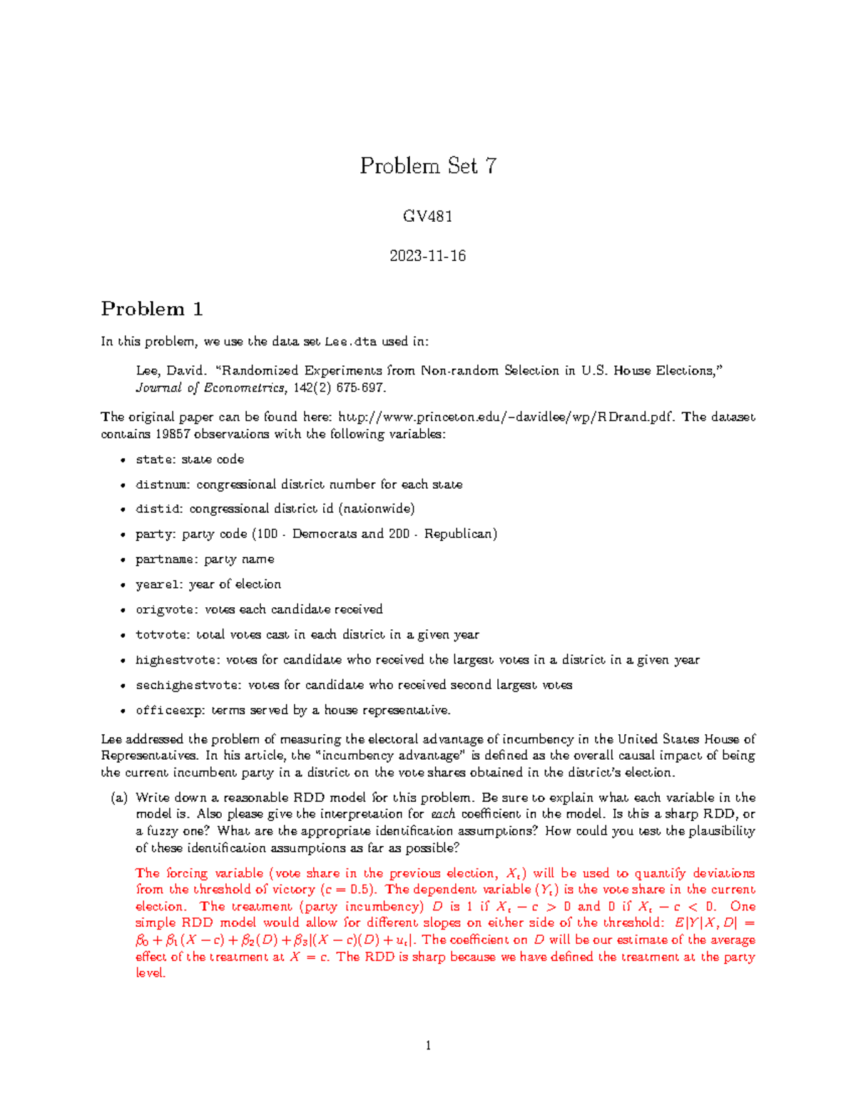 Problem set 7, Quantitative Methods - Problem Set 7 GV 2023-11- Problem 1 In this problem, we ...