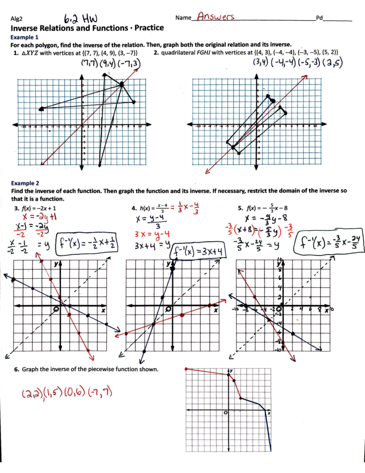 6.2+HW+Key - Answers to HW 2.6 HW - Alg2 6 Hw Name Answers Pd Inverse ...